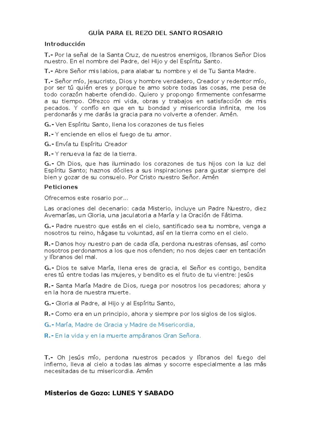 GUÍA PARA EL REZO DEL Santo Rosario - GUÍA PARA EL REZO DEL SANTO ...