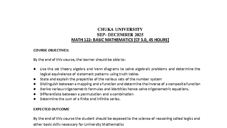 Math 122 Course Outline: Basic Mathematics Objectives & Topics - Studocu