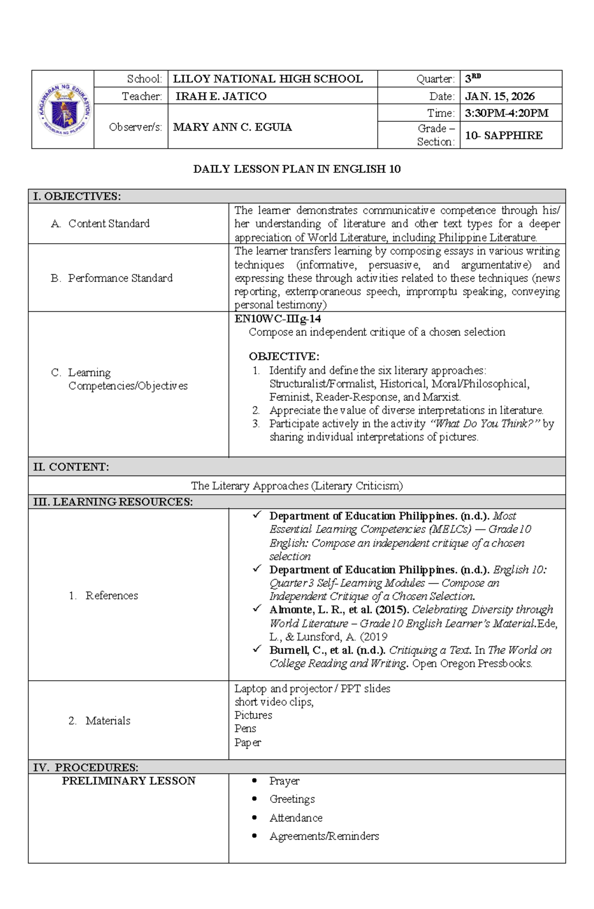 ENGLISH 10: Daily Lesson Plan on Literary Approaches - Studocu