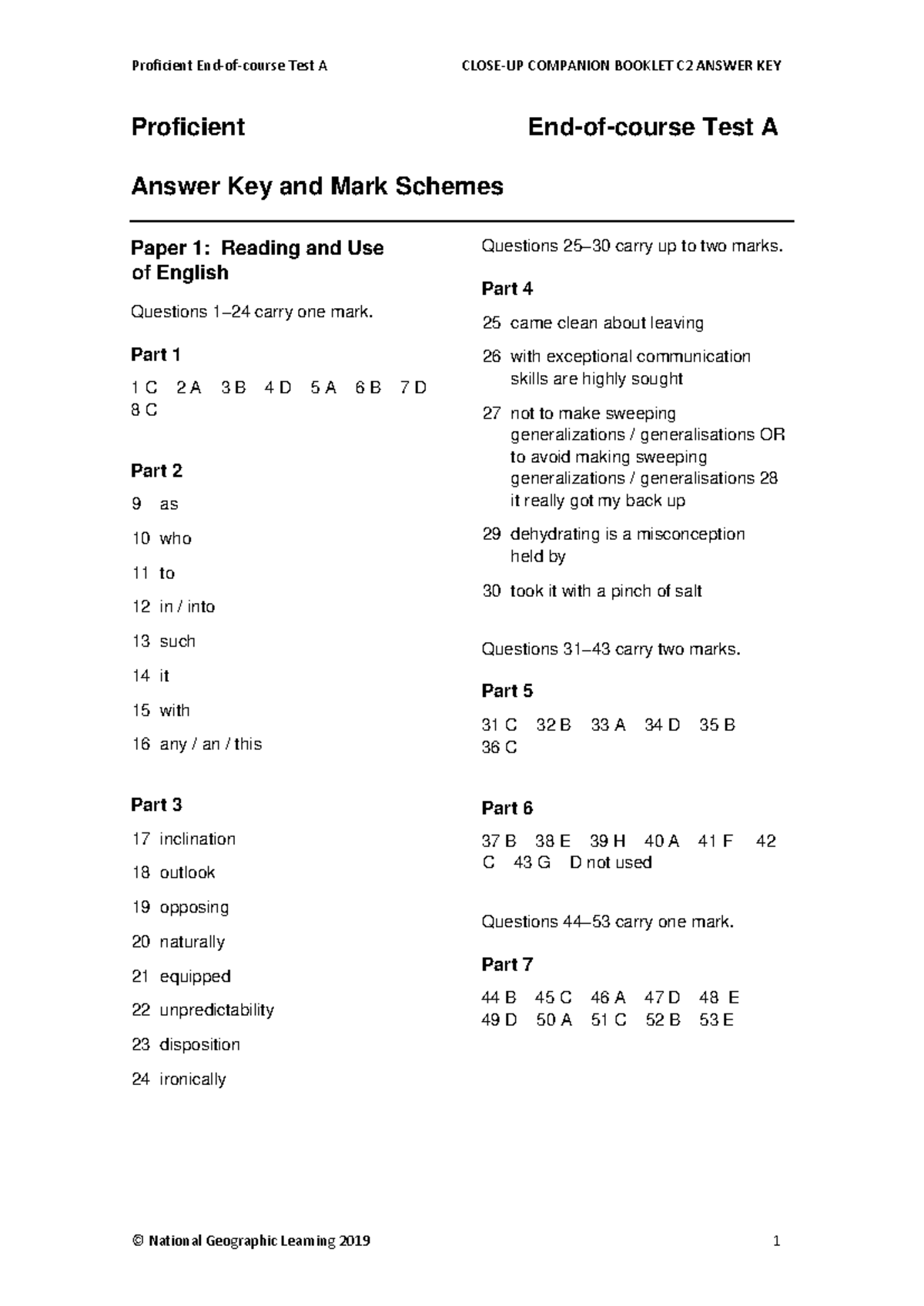 Close-up C2 CPT Practice Test A Answer Key and Mark Schemes - Studocu