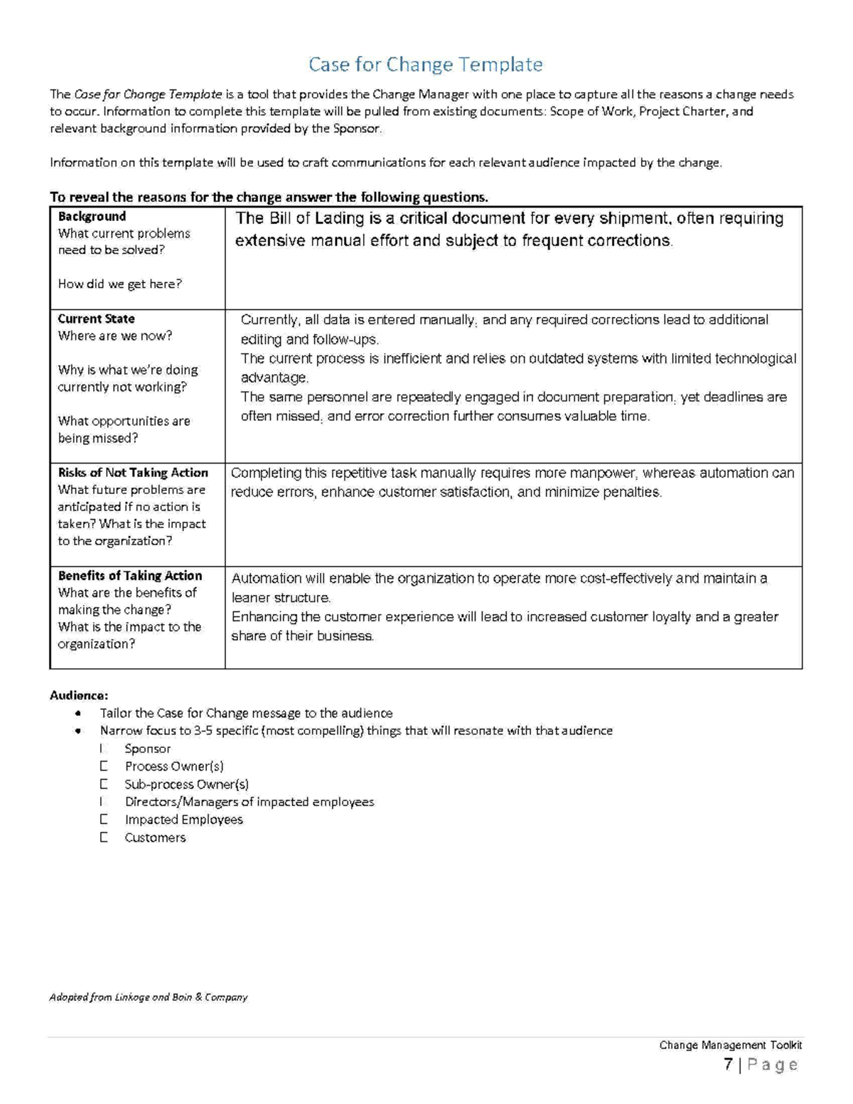 Part of PPT - Training was case - Case for Change Template The Case for ...