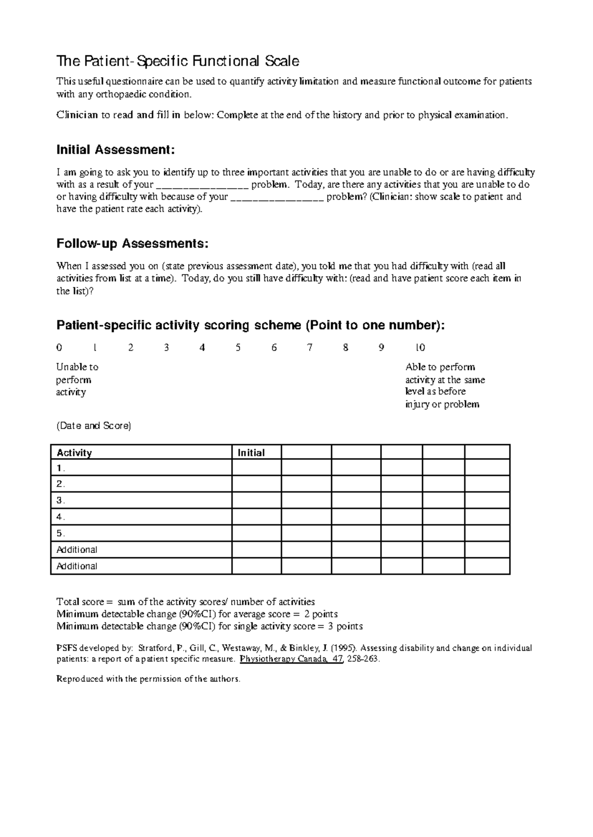 Patient Specific Functional Scale - The Pat ient - Specif ic Funct ...