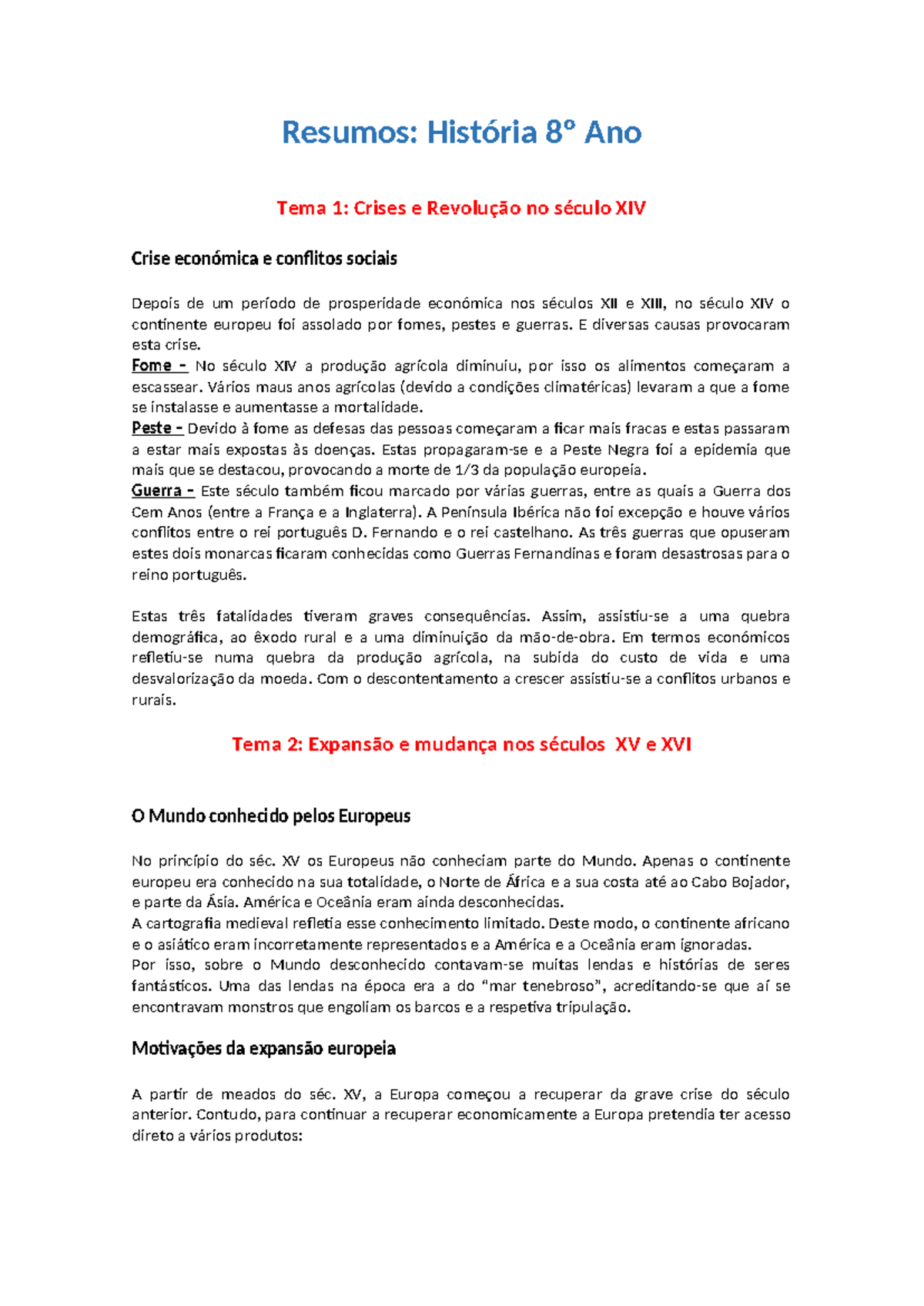 Resumos: História 8º Ano - Crises e Expansão Marítima no Século XIV e ...