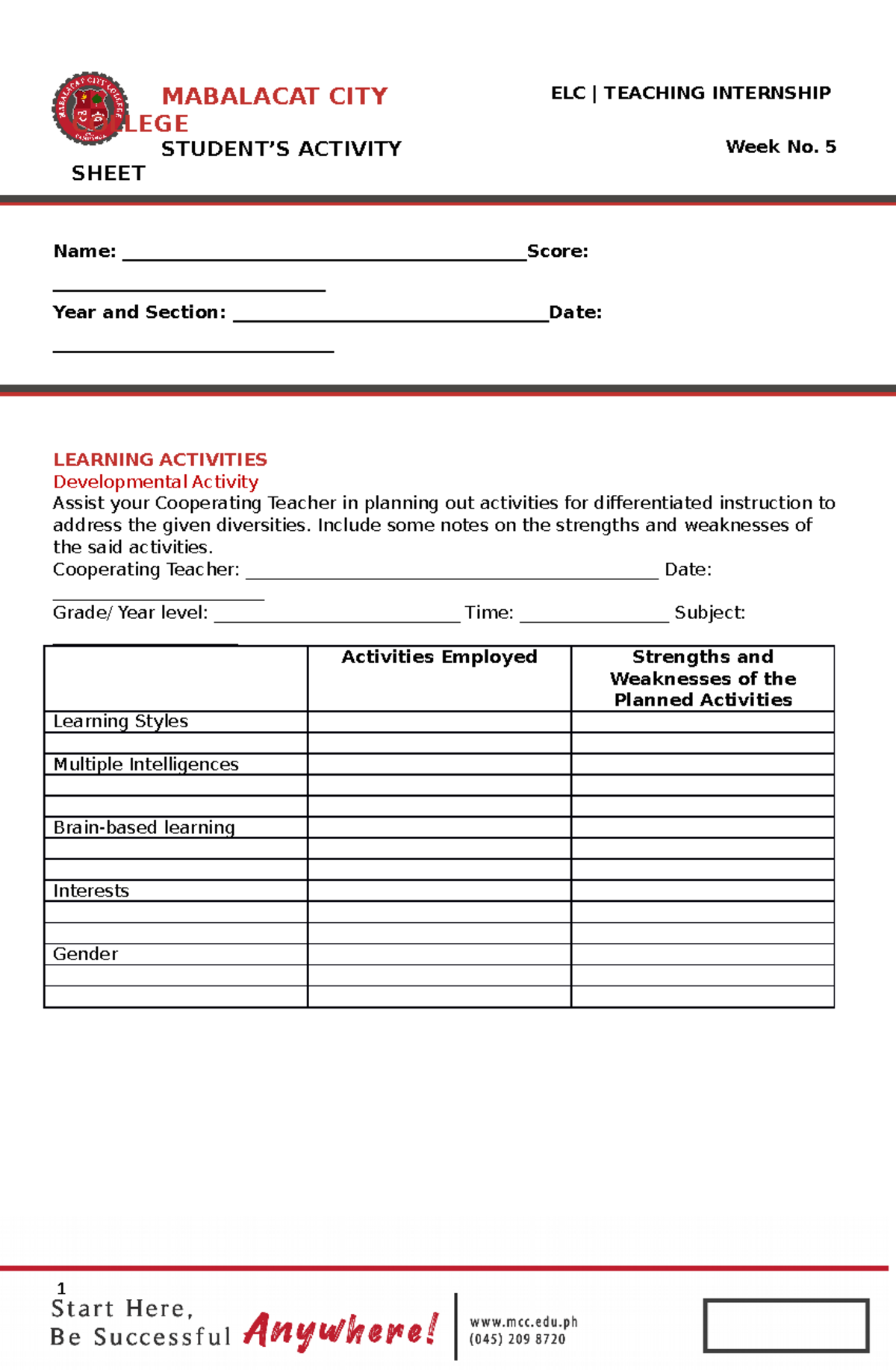 ELC-Week 5-Student-Activity-Sheet-Differentiated-Instruction - Studocu