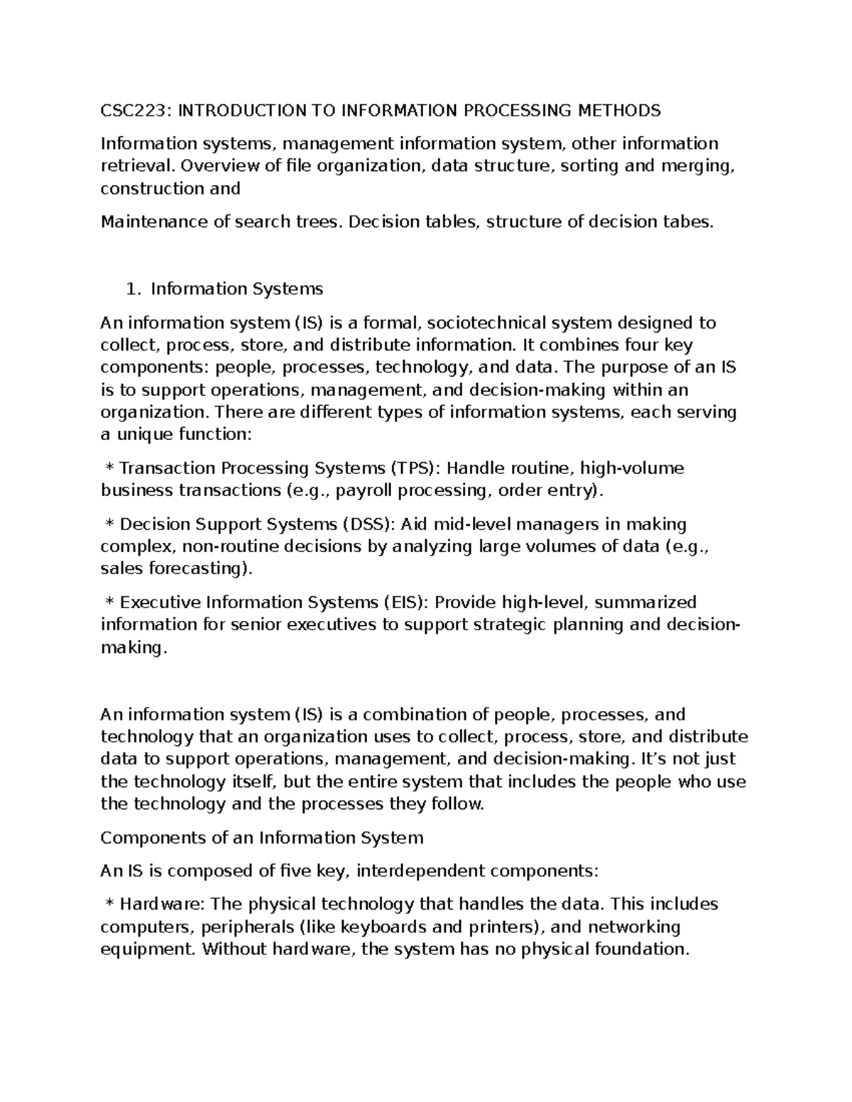 CSC223: Introduction to Information Processing Methods - Key Concepts and - Studocu