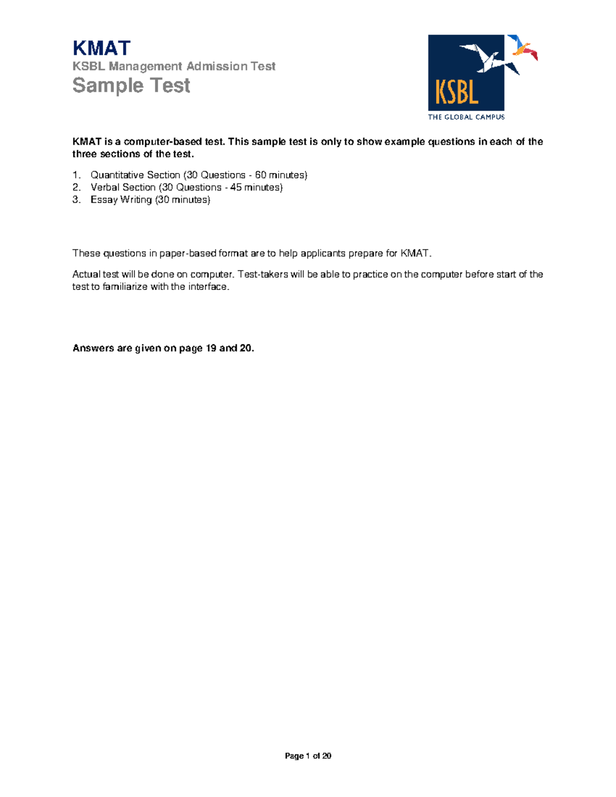 KSBL-KMAT-Sample Test: Comprehensive Guide for Test Preparation - Studocu