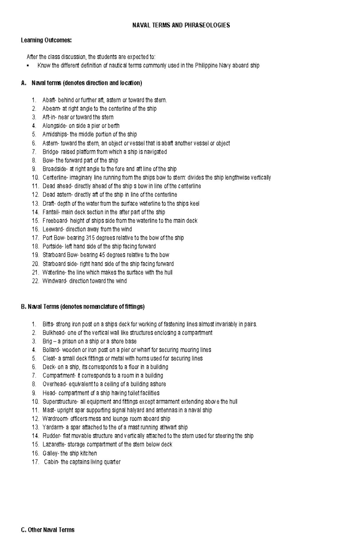Naval Terms and Phraseologies Study Materials for Course NAV 101 - Studocu