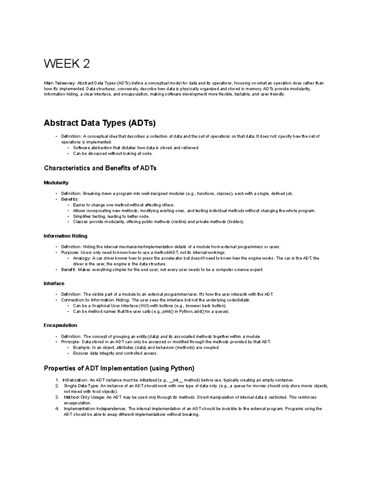 CP164 Midterm Summary: Weeks 1-6 on ADTs, Data Structures, and ...