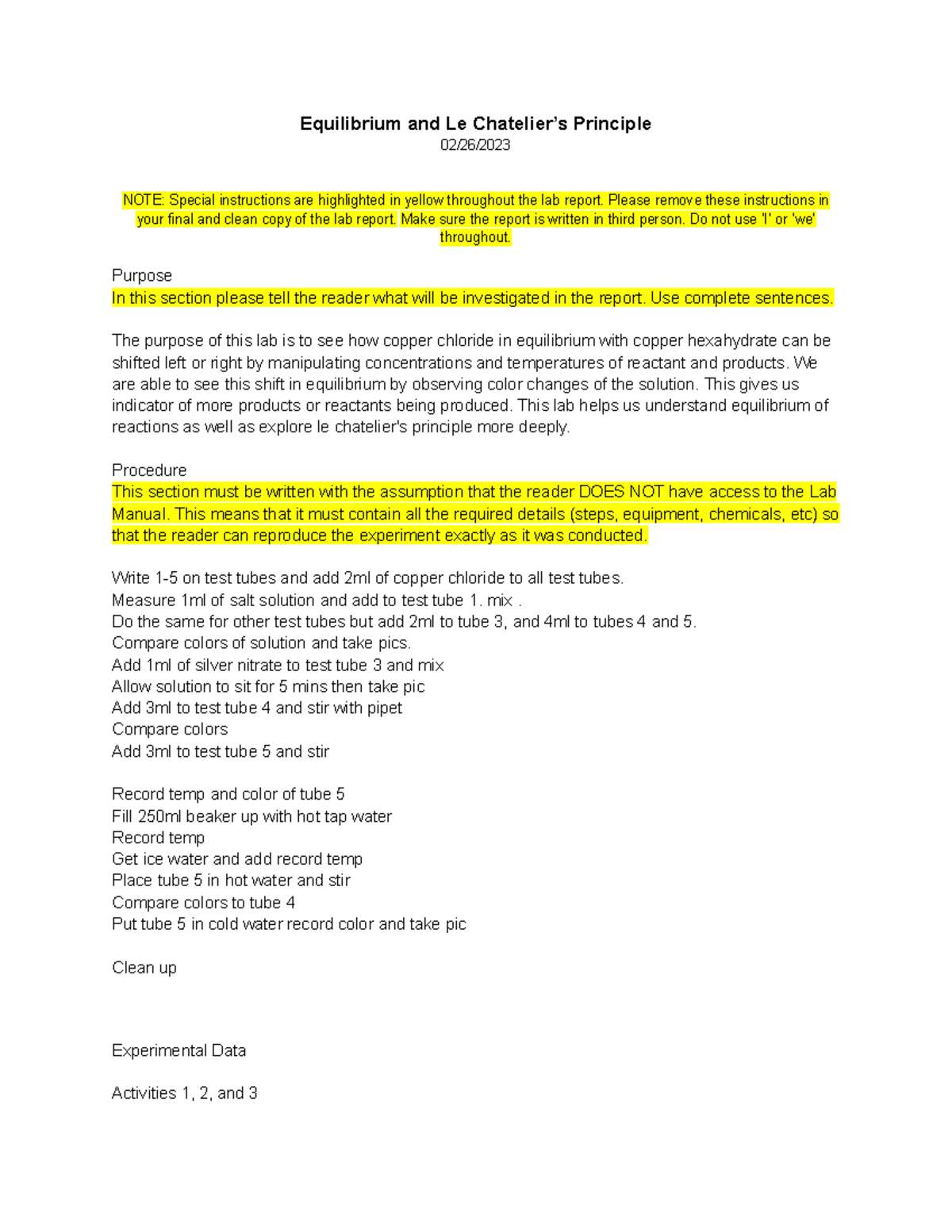 M3 Lab 3 Equilibrium and Le Chatelier’s Principle - Equilibrium and Le ...
