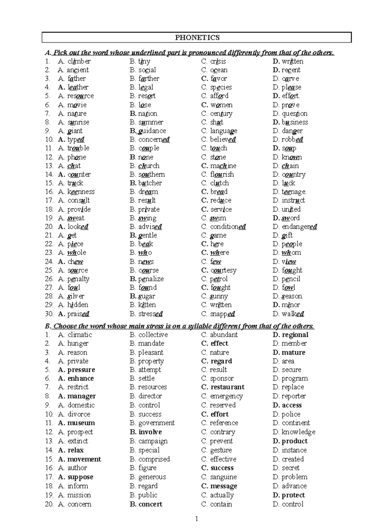 On tap abcdefghijk - PHONETICS A. Pick out the word whose underlined ...