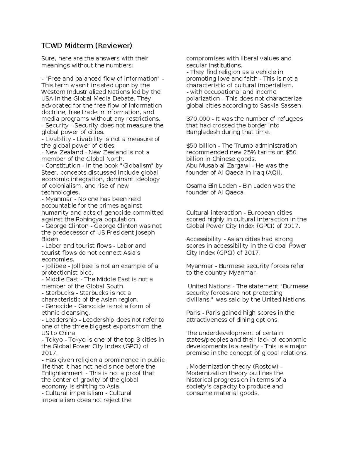 TCWD-Reviewer- TCWD Midterm (Reviewer) Sure, here are the answers with ...