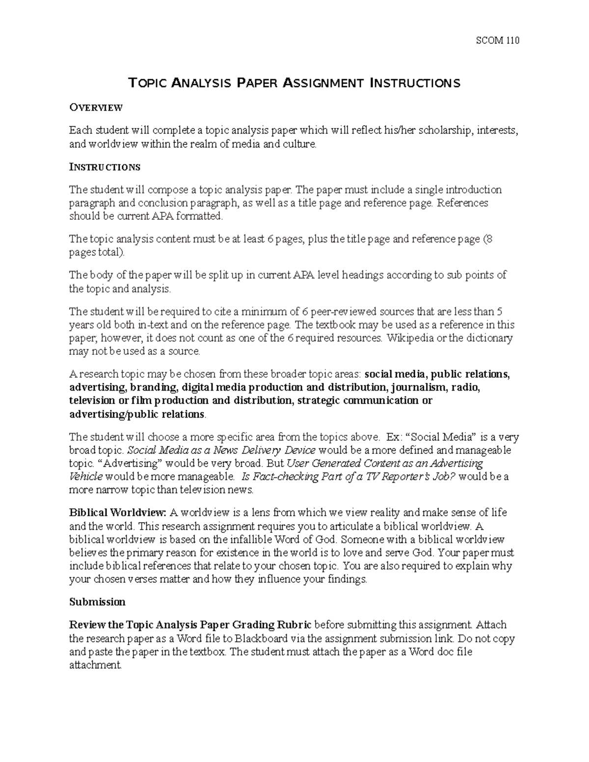 Topic Analysis Paper Assignment Instructions - SCOM 110 TOPIC ANALYSIS ...