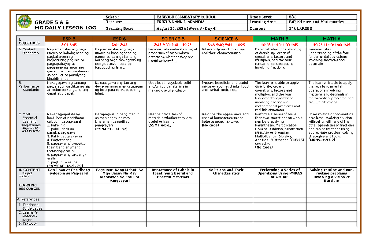 Multi Grade 5&6 DLP Q1 W3D4 - GRADE 5 & 6 MG DAILY LESSON LOG School ...