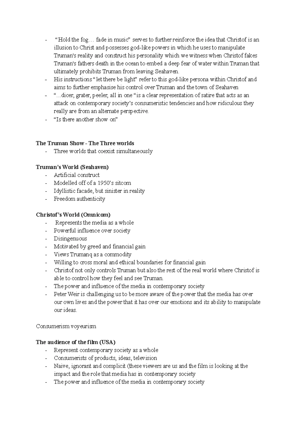 Module B: Key Insights and Quotes on The Truman Show Analysis - Studocu