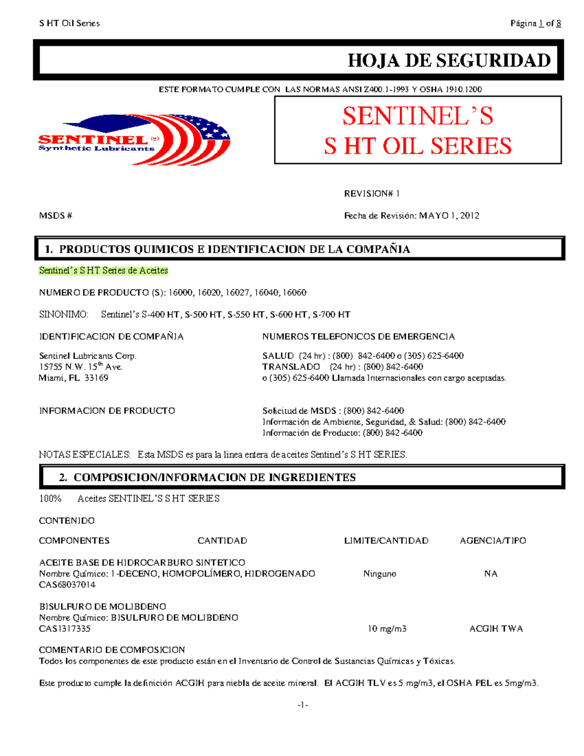 Hoja de Seguridad MSDS: Aceite Sentinel S HT Series - Studocu