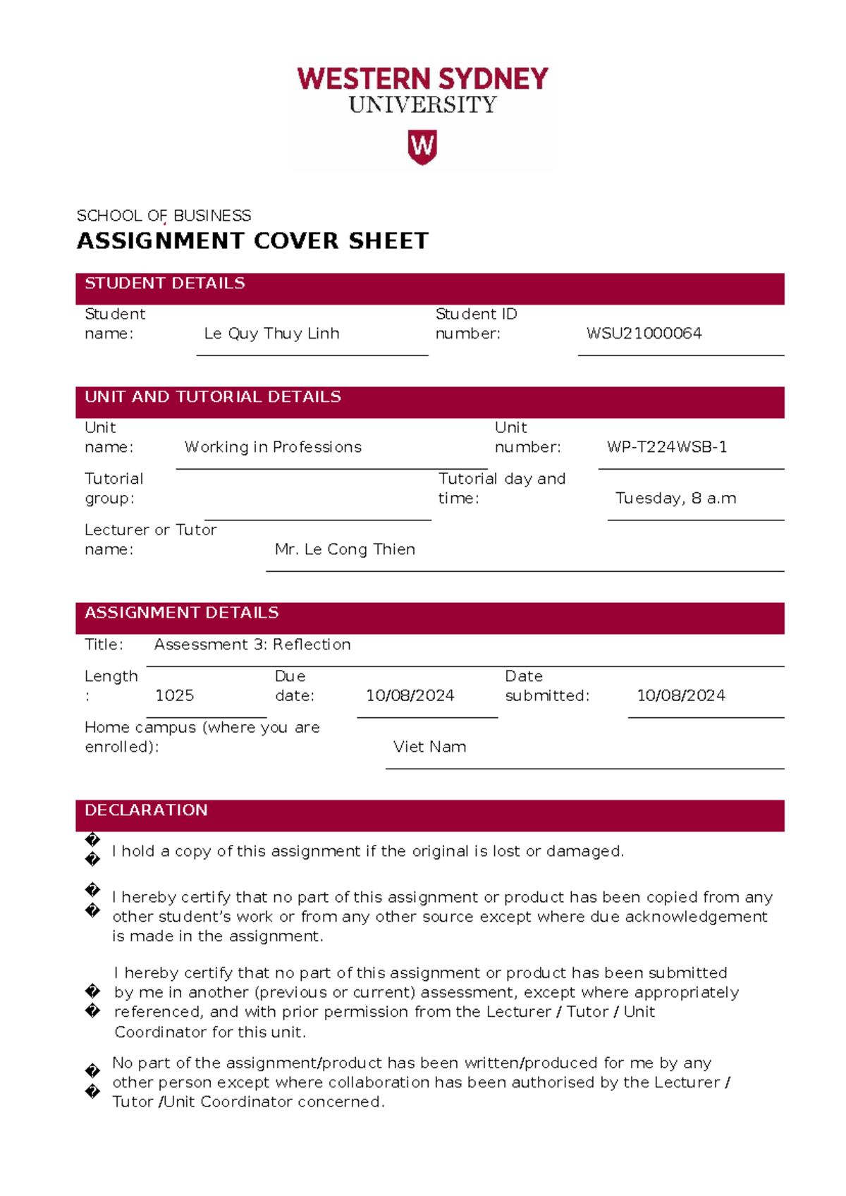 Individual Assignment cover sheet - SCHOOL OF BUSINESS ASSIGNMENT COVER SHEET STUDENT DETAILS ...