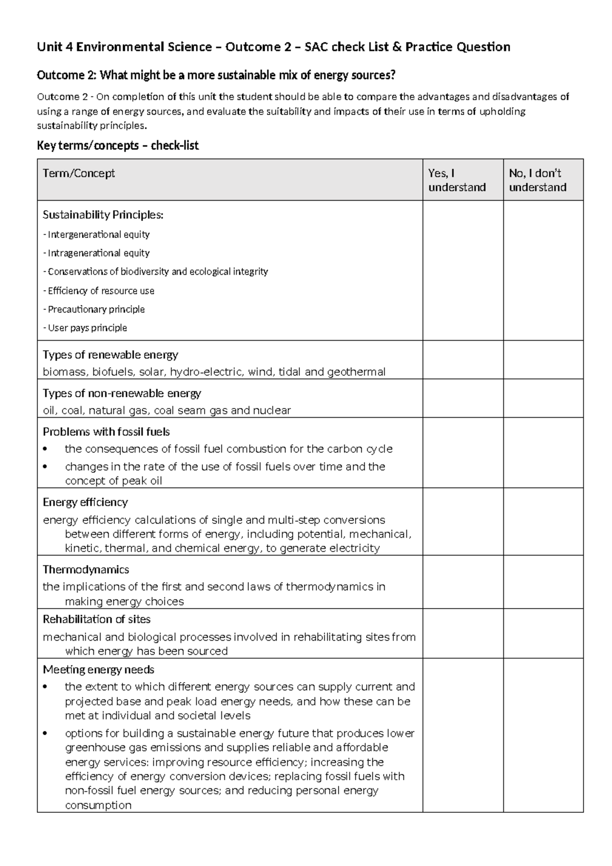 Unit 4 Environmental Science SAC 2: Energy Sources & Sustainability ...