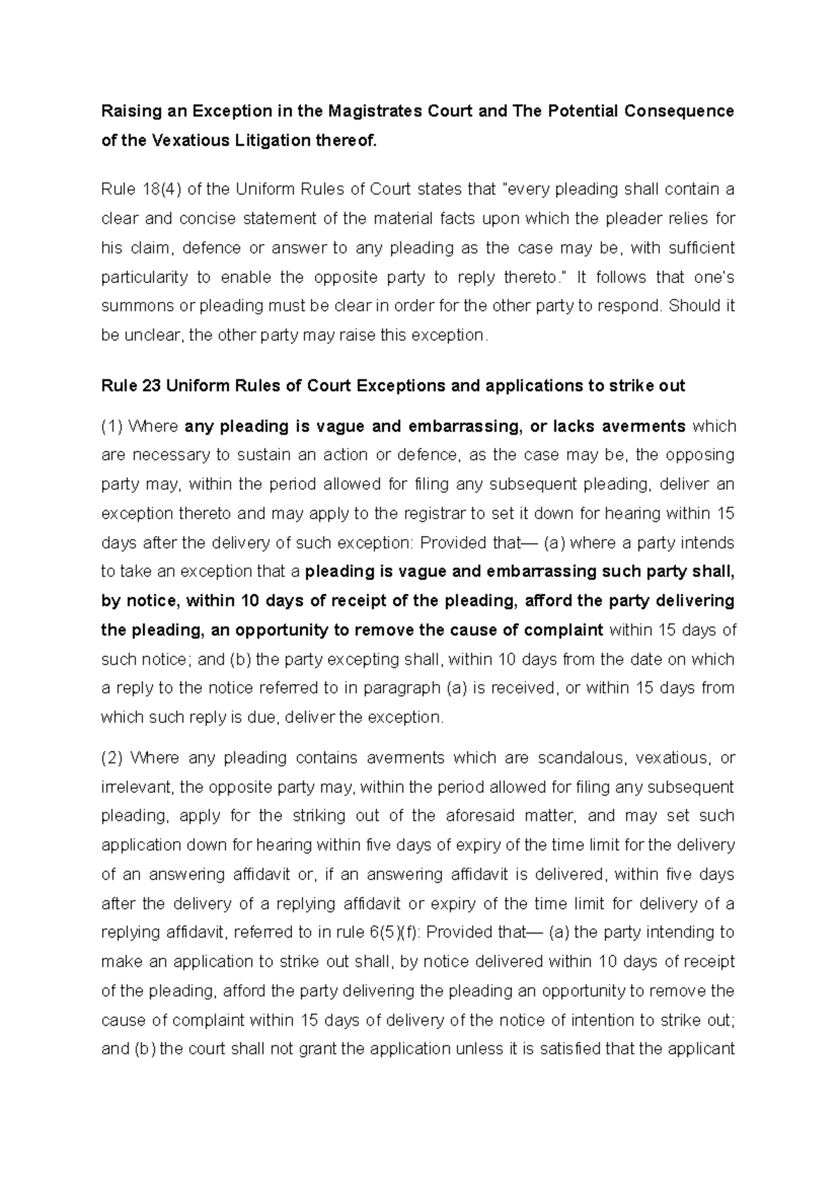 Exception Procedures Under High Court Rule 23 & Magistrate Court Rule ...
