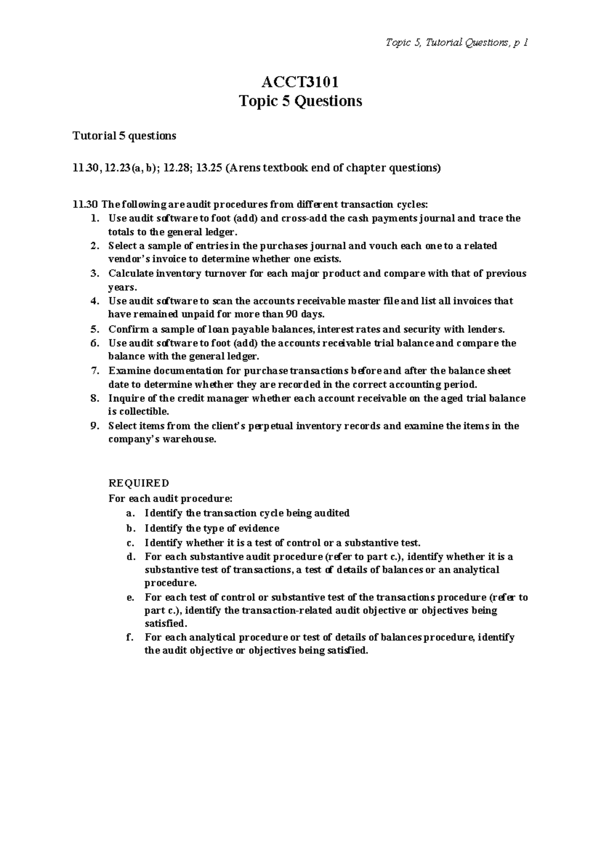 ACCT3101 Topic 5 Tutorial Questions on Audit Procedures - Studocu