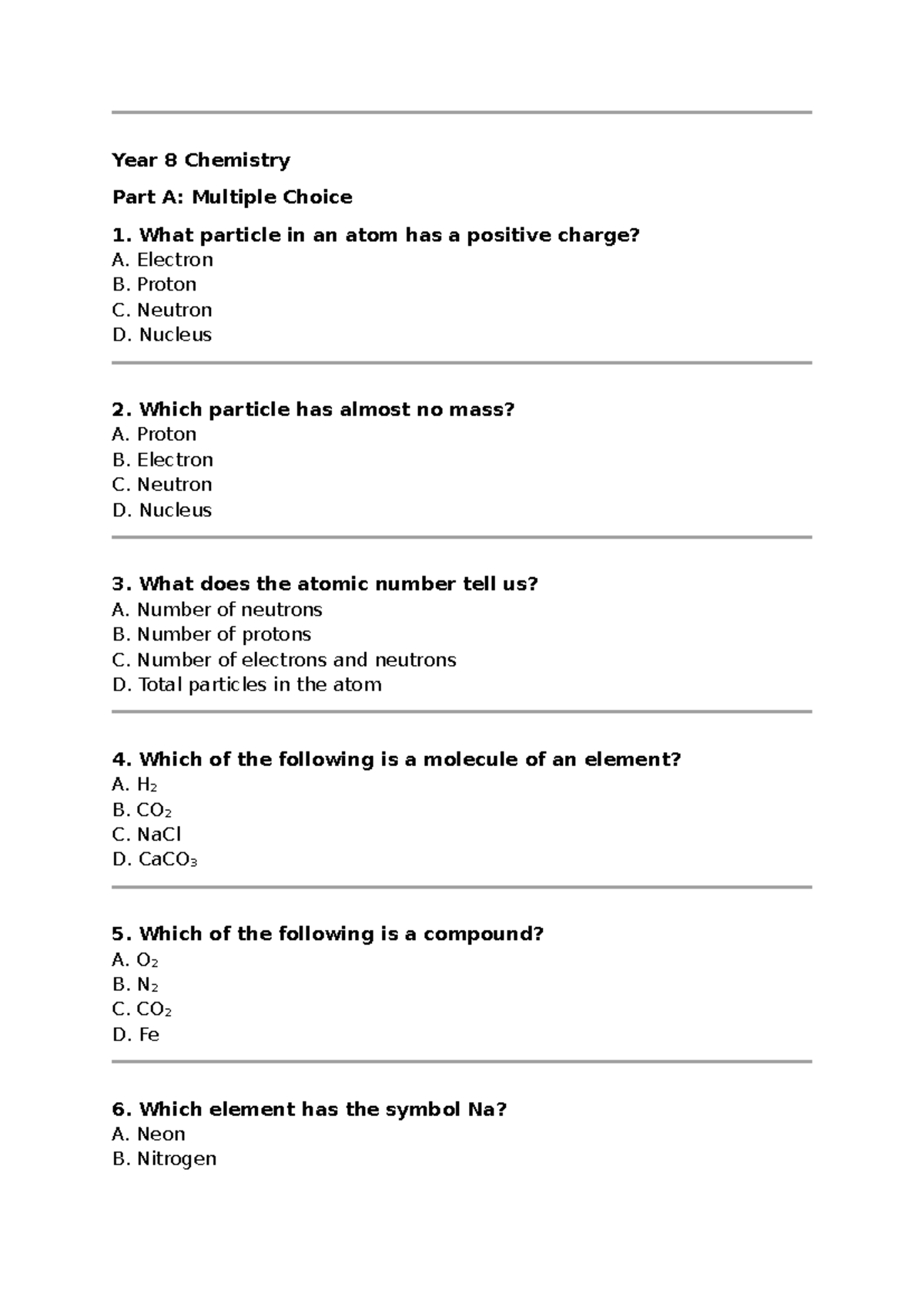 Year 8 Chemistry Revision: Multiple Choice Questions - Studocu