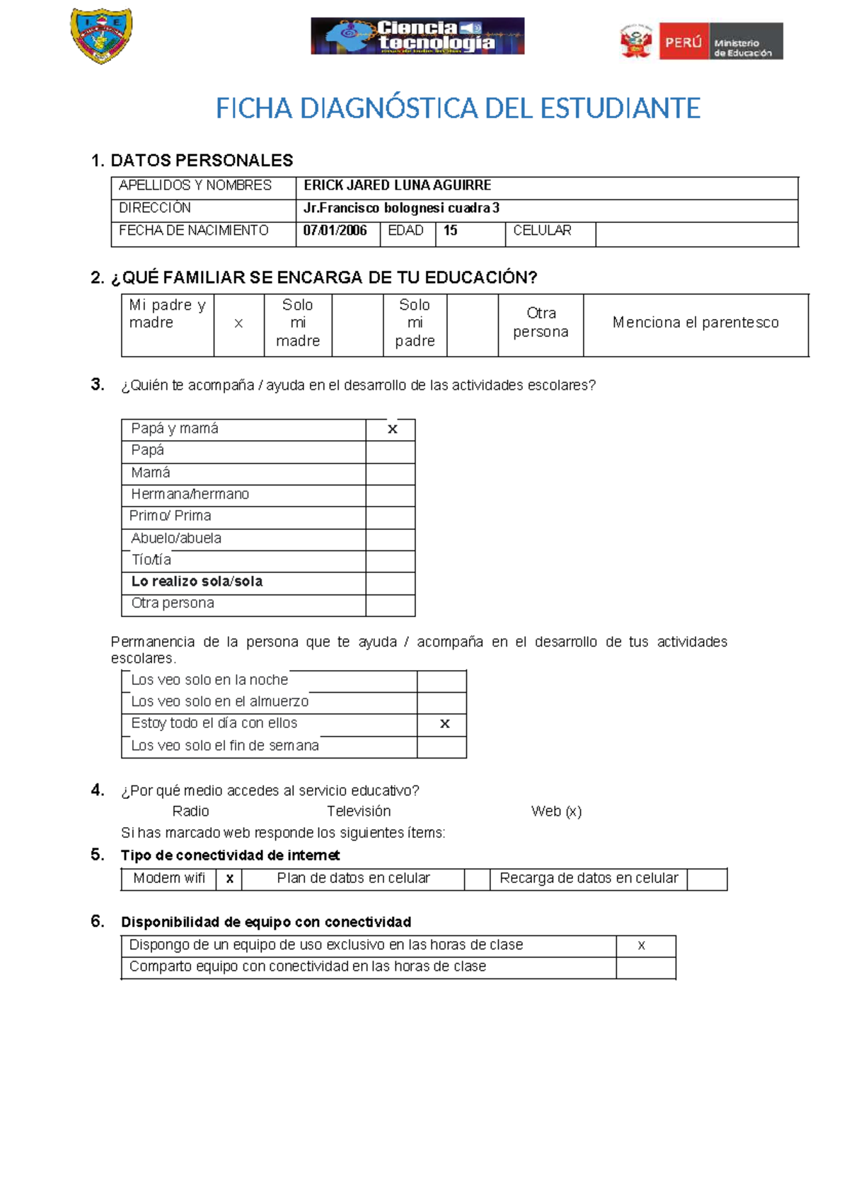 Ficha Diagnóstica del Estudiante - Datos Personales y Conectividad ...