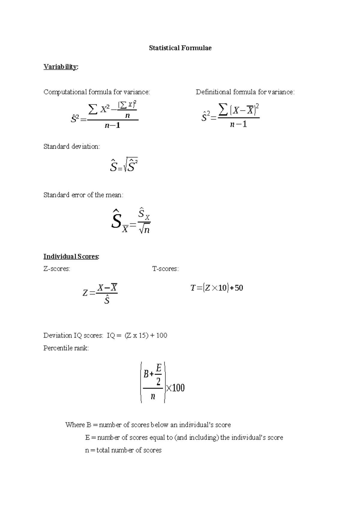 Statistical Formulae - Comprehensive Formula Sheet for Stats 101 - Studocu