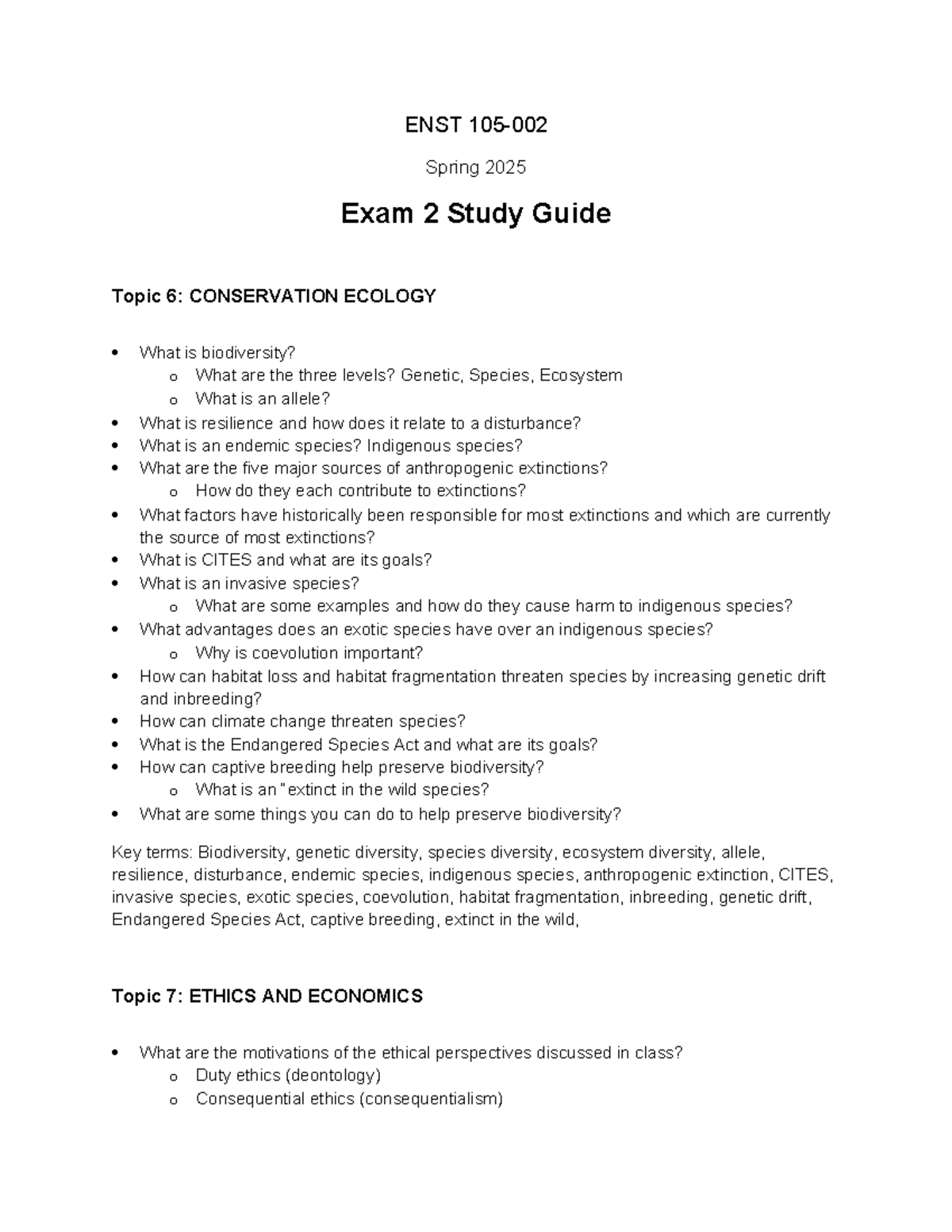 ENST 105-002 Spring 2025 Exam 2 Study Guide: Ecology & Ethics - Studocu
