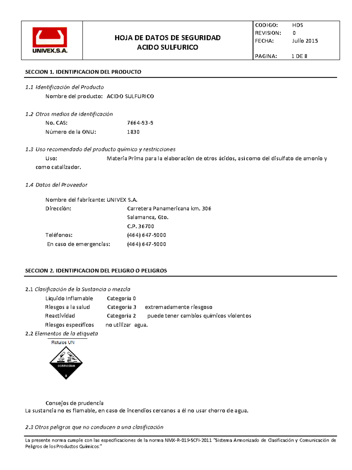 H2SO4 - Hoja de Seguridad del Ácido Sulfúrico - HOJA DE DATOS DE ...