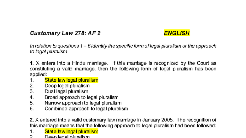 Customary Law 278: AF 2 Legal Pluralism Approaches Explained - Studocu