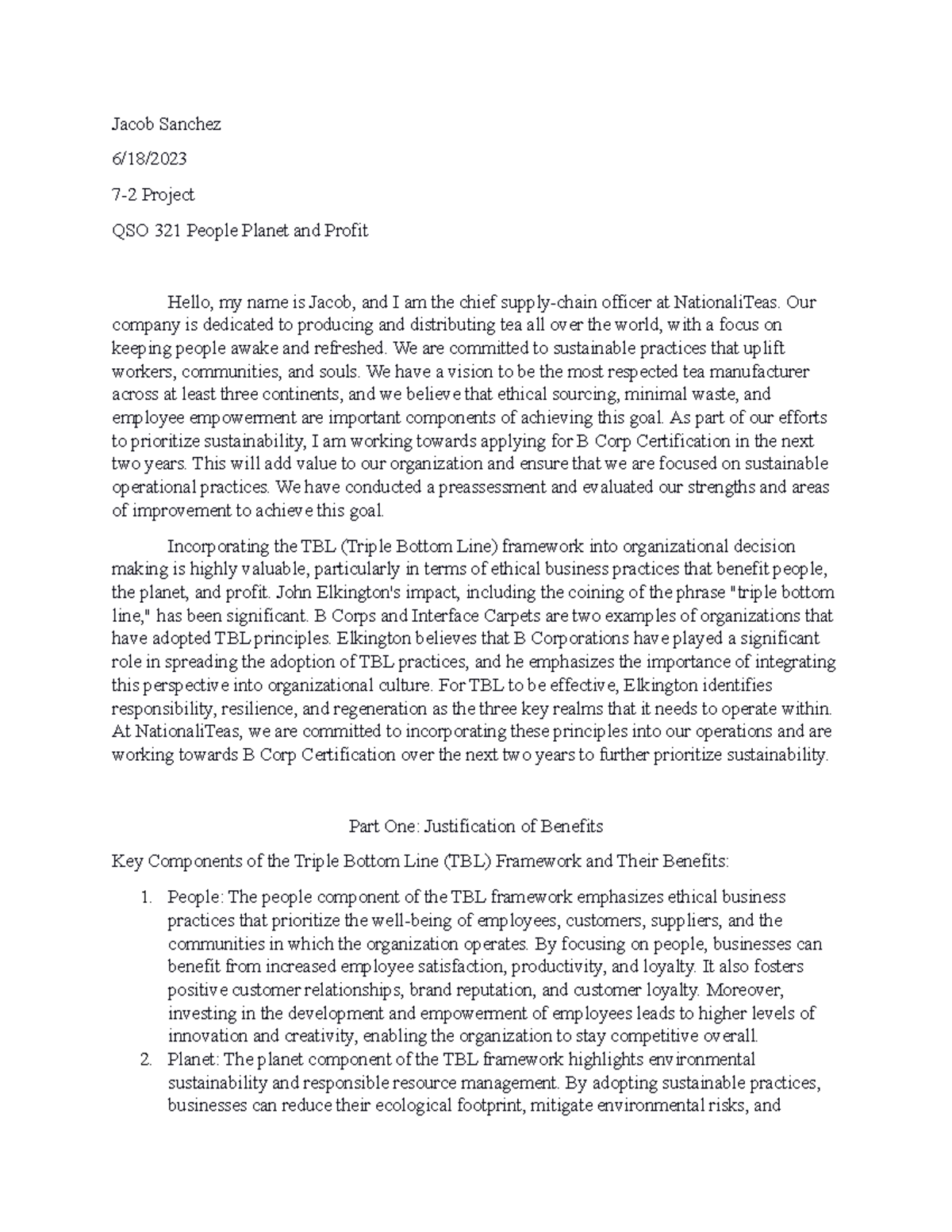 QSO 321 7-2 Project: TBL Framework for Sustainable Practices - Studocu