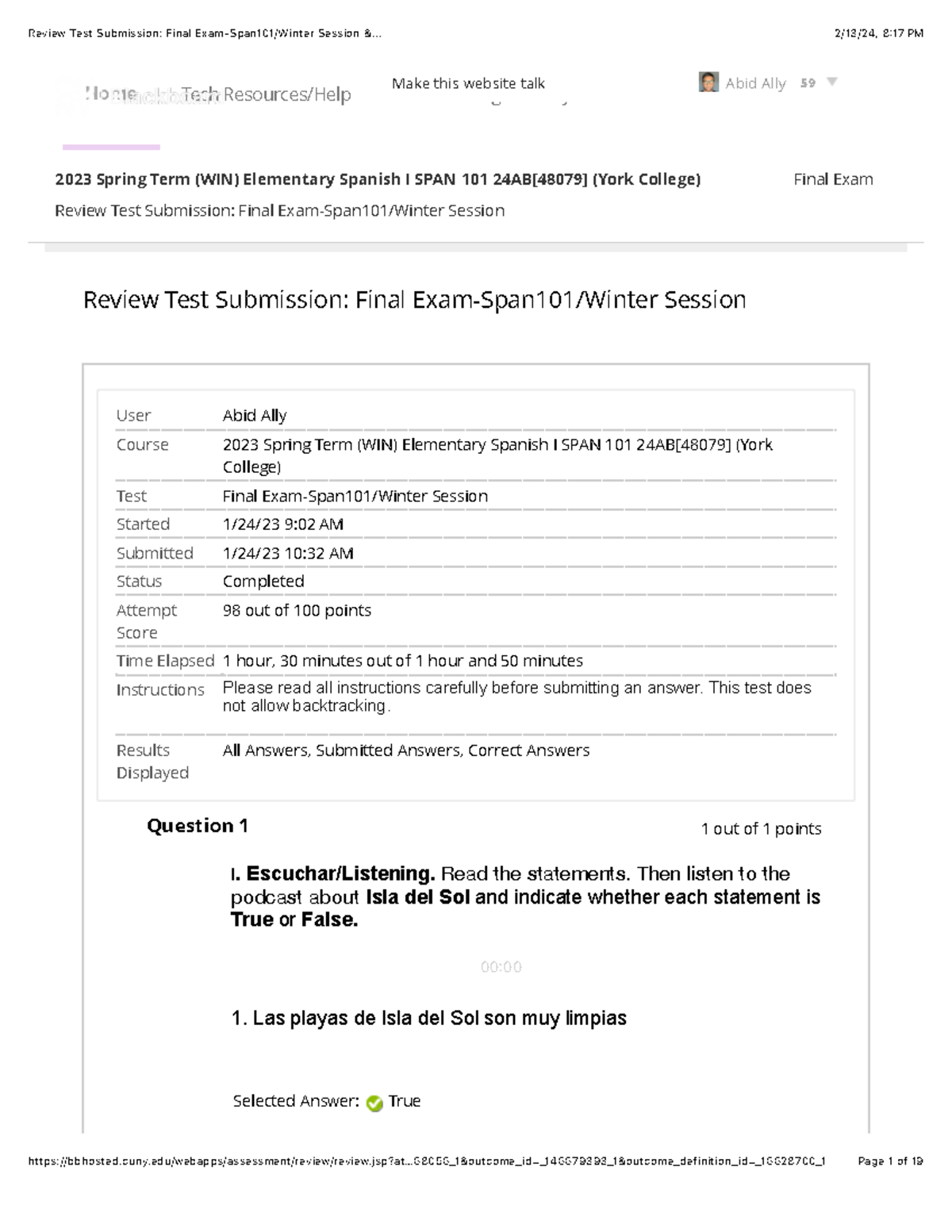 Final Exam Review for SPAN 101 - Elementary Spanish I (Winter 2023 ...