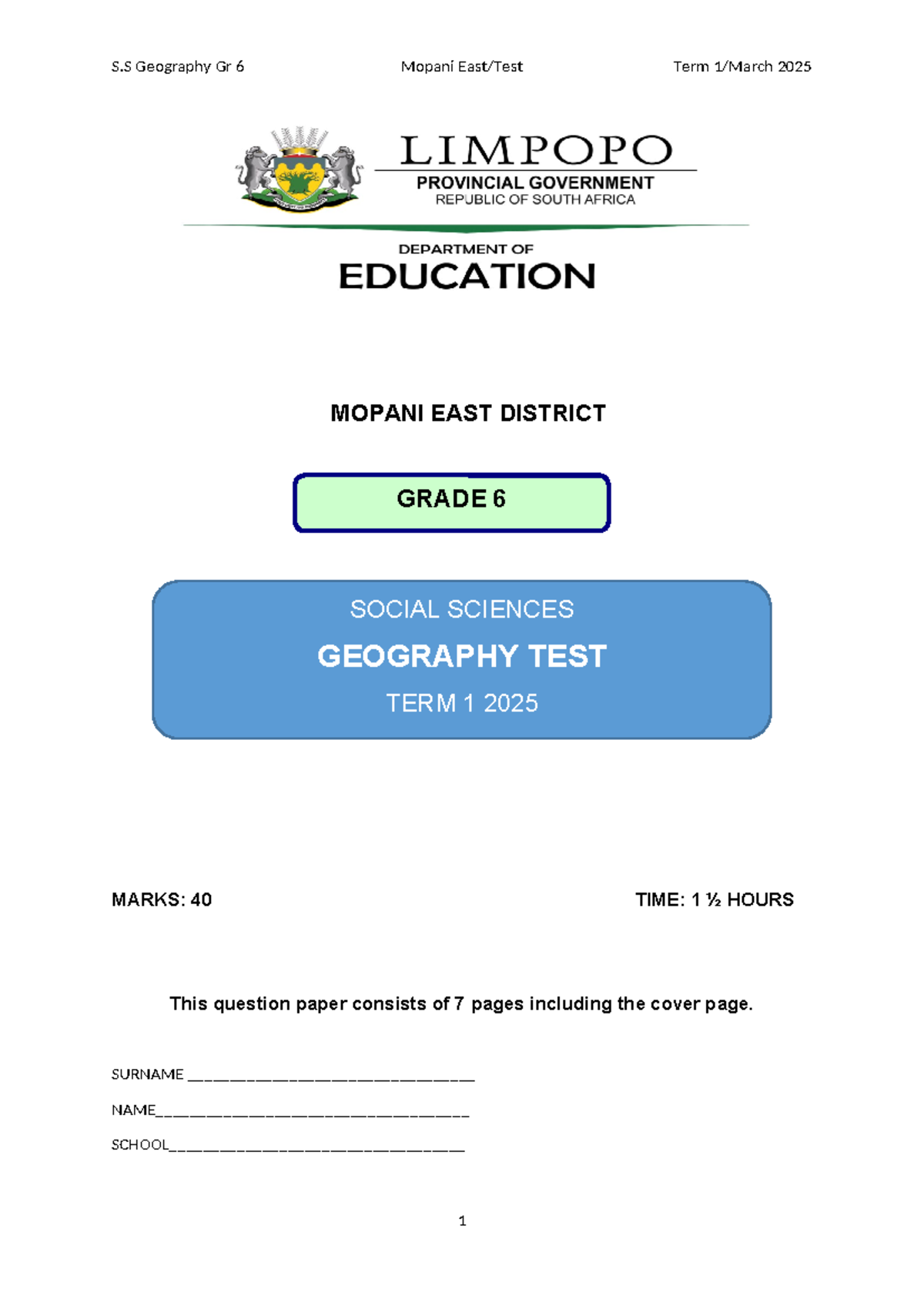 Grade 6 Social Sciences Geography Test - Term 1 2025 - Studocu