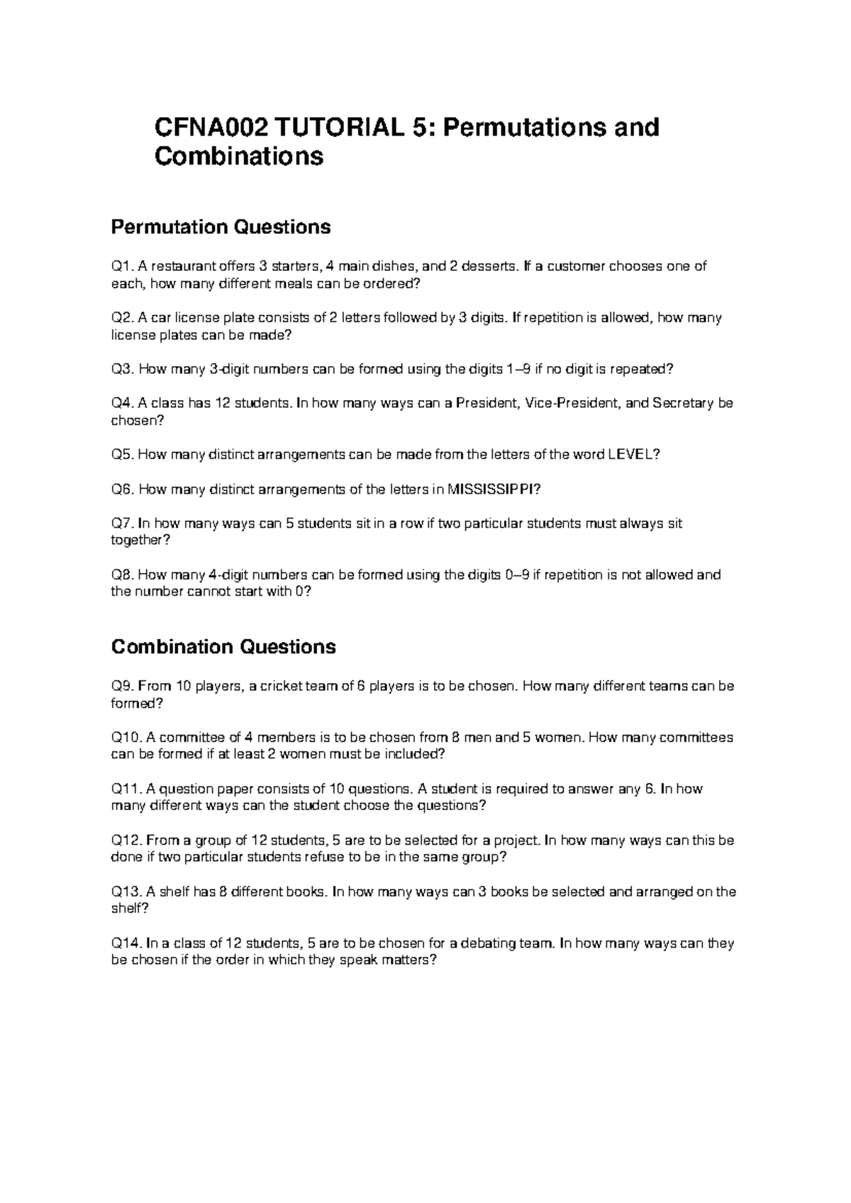 CFNA002 Tutorial 5: Permutations & Combinations Questions - Studocu