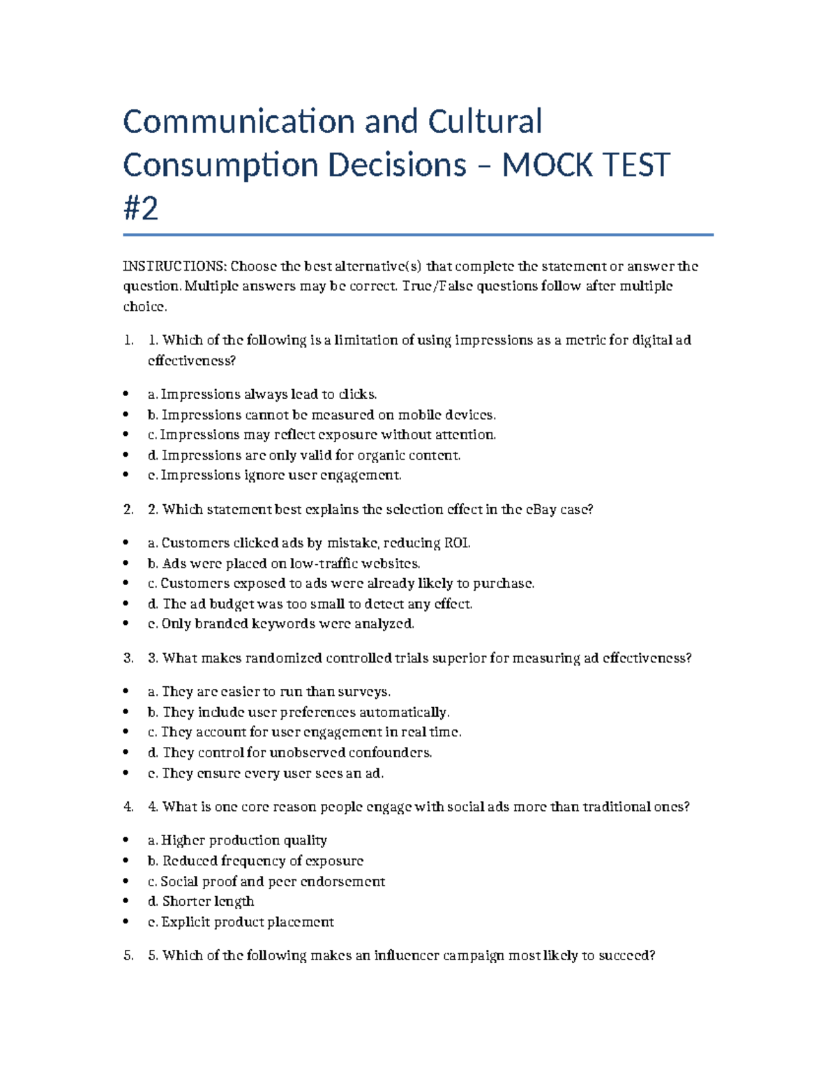 CCCD Mock Exam 2: Communication & Cultural Consumption Decisions - Studocu