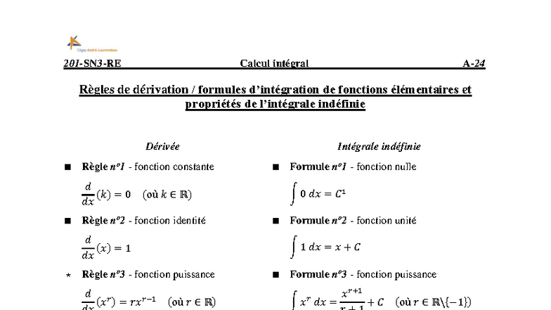 Règles de Dérivation et Formules d'Intégration - Math 101 - Studocu