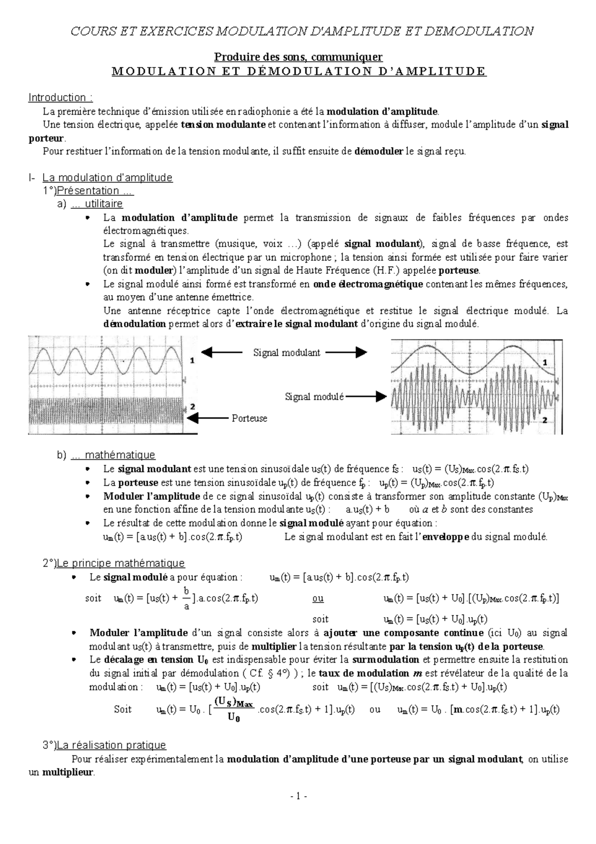 COURS ET EXERCICES MODULATION ET DÉMODULATION - SCIENCES PHYSIQUES - Studocu