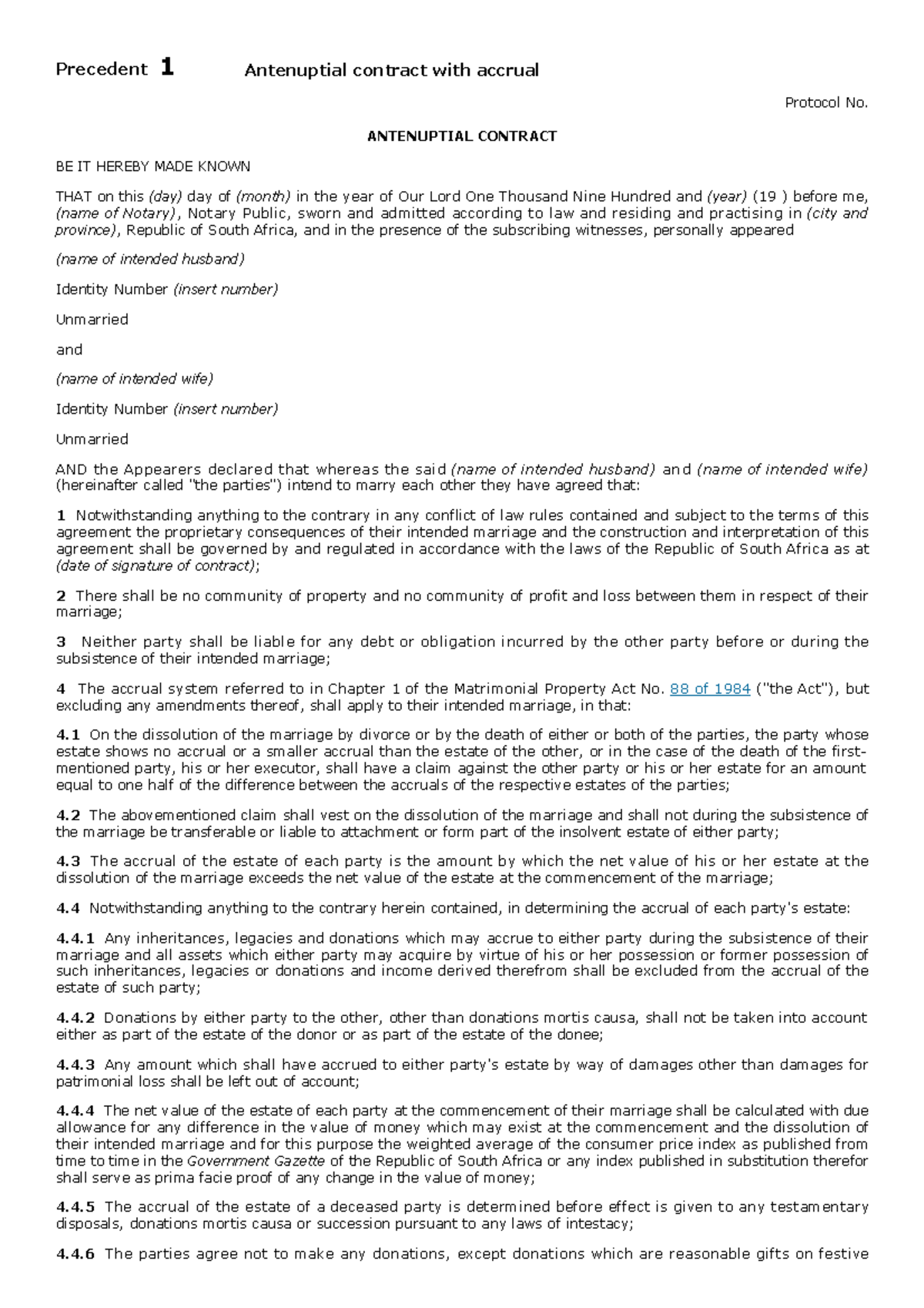 Antenuptial Contract with Accrual Provisions - Legal Template - Studocu