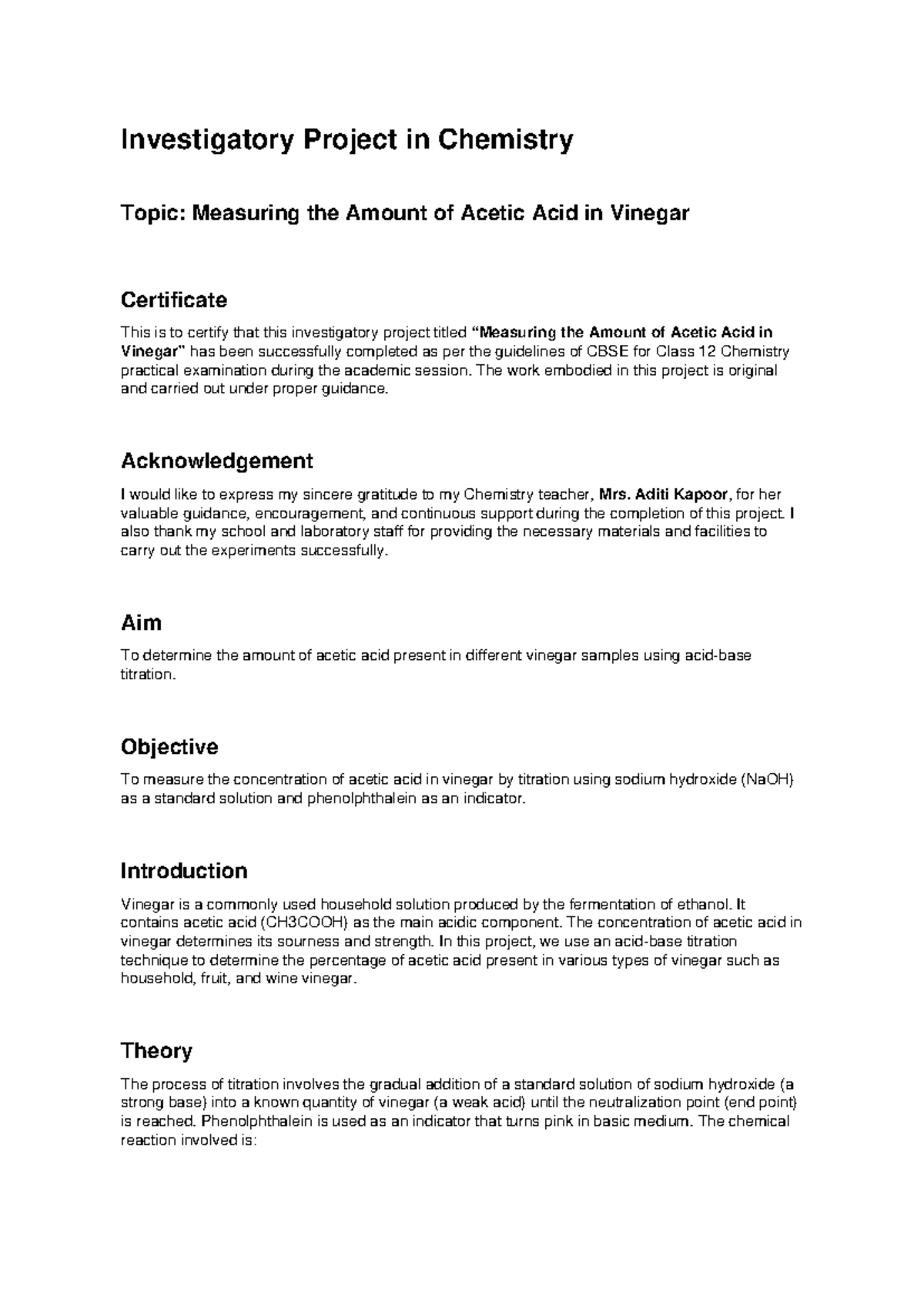Class 12 Chemistry Investigatory Project: Acetic Acid in Vinegar - Studocu