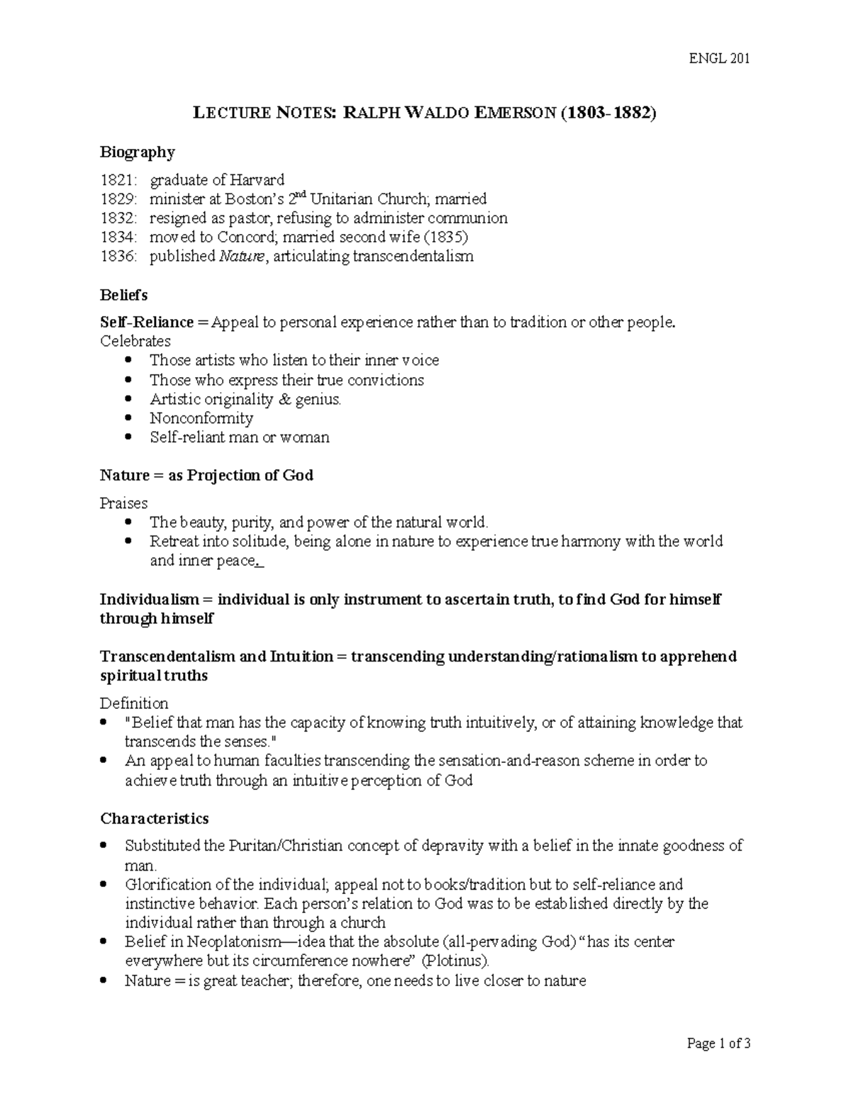 ENGL 201: Lecture Notes on Ralph Waldo Emerson and Transcendentalism ...