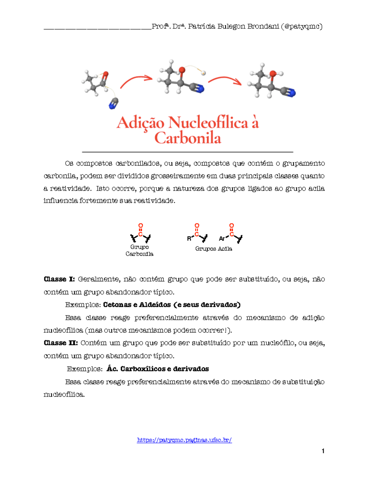 Adição Nucleofílica à Carbonila: Reatividade e Mecanismos (QUI 101 ...