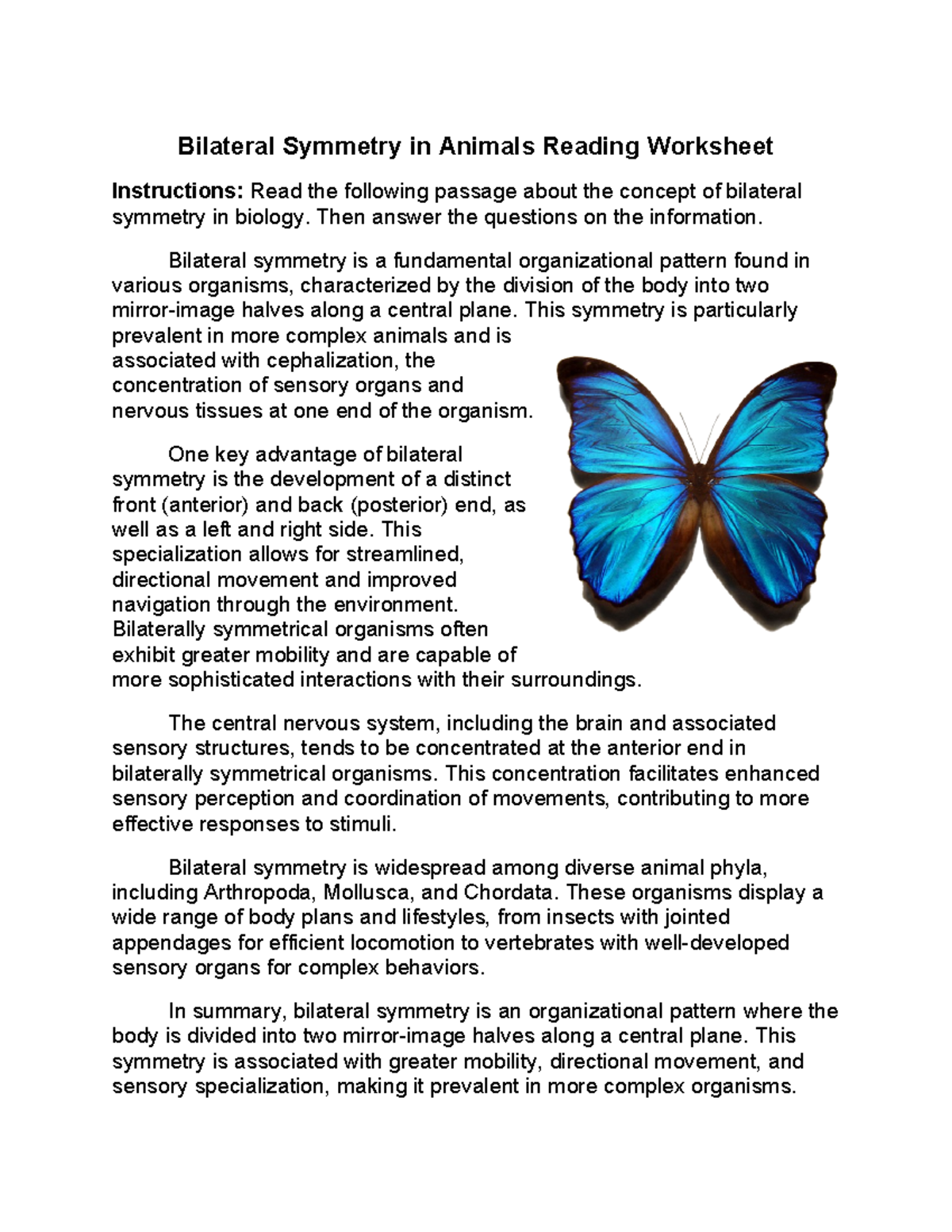01 - Bilateral Symmetry in Animals Reading Worksheet Editable ...