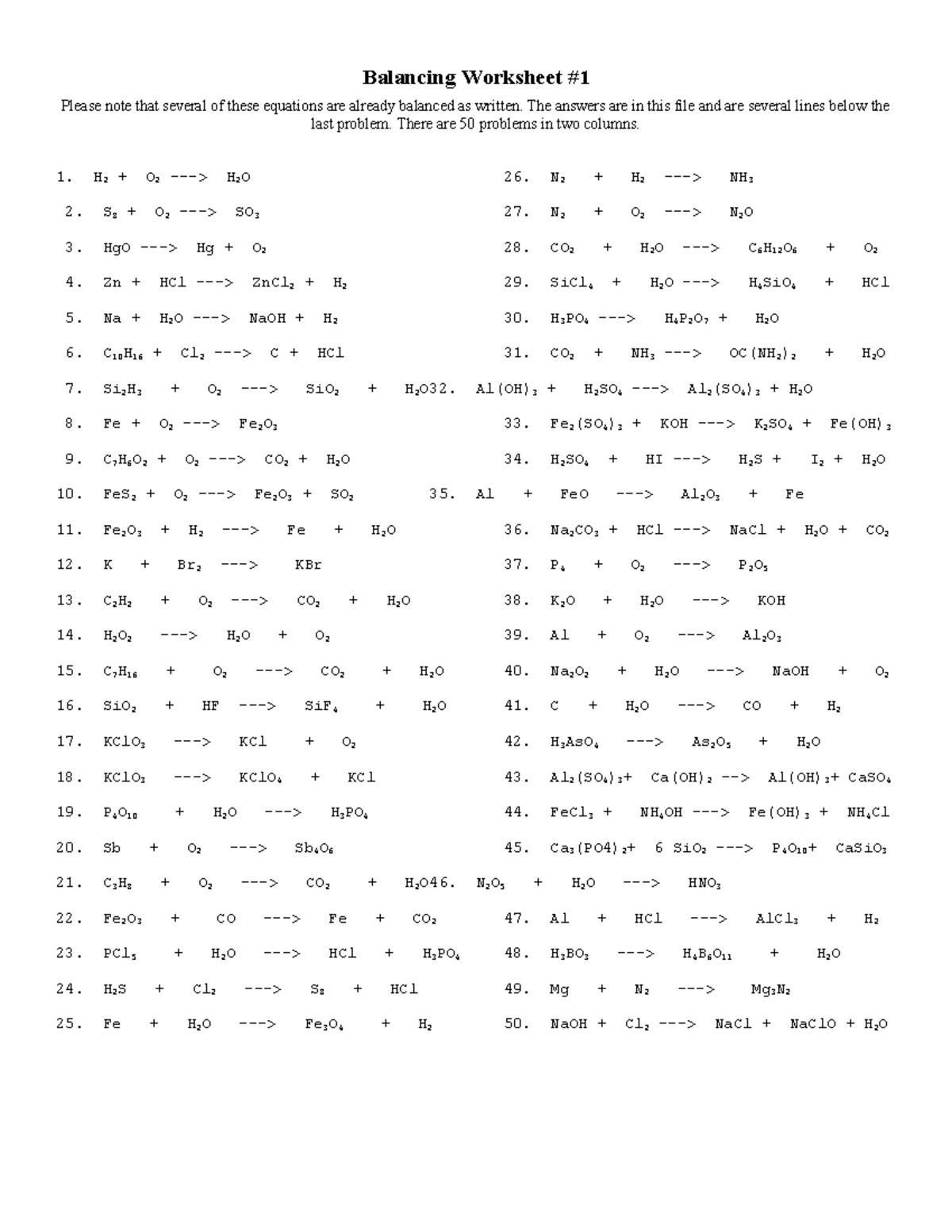 Balancing worksheet - Balancing Worksheet Please note that several of ...