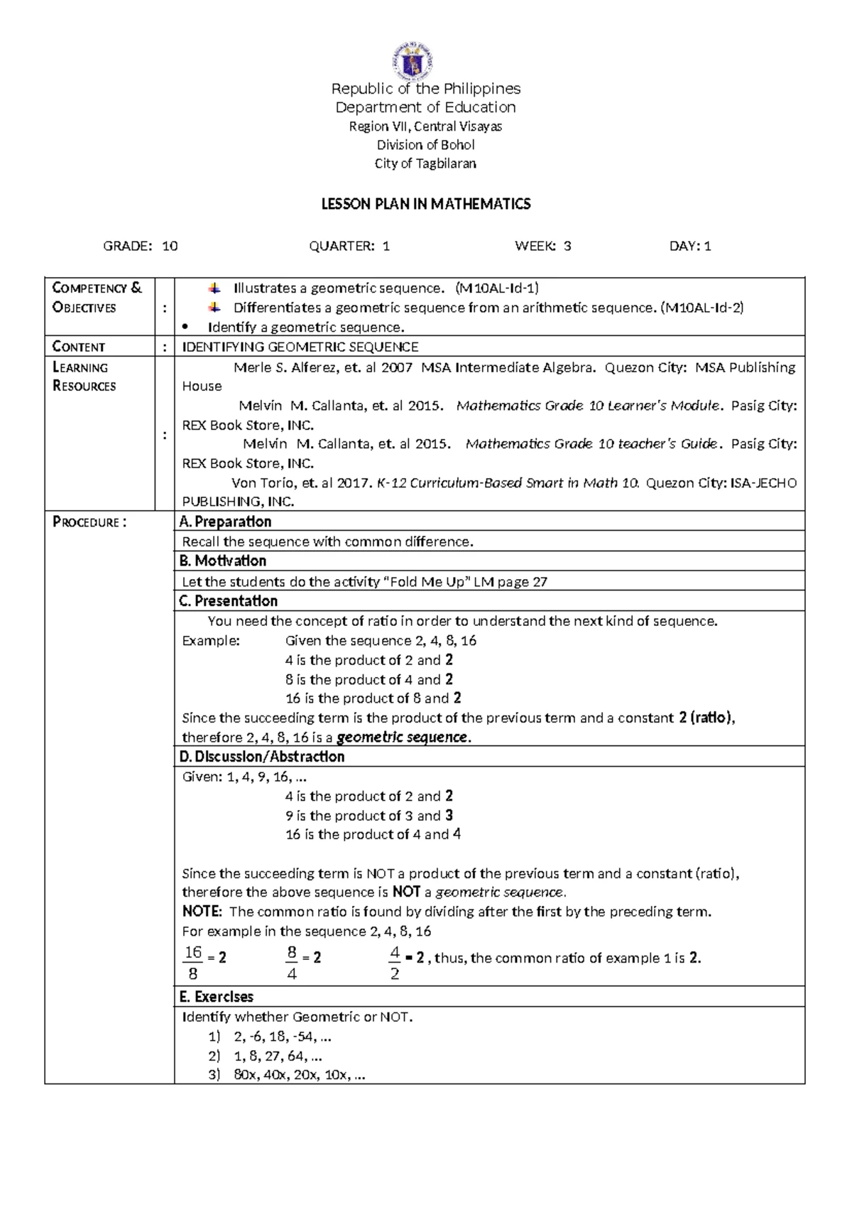 Mathematics Grade 10 Lesson Plan: Geometric Sequences (Quarter 1, Week ...