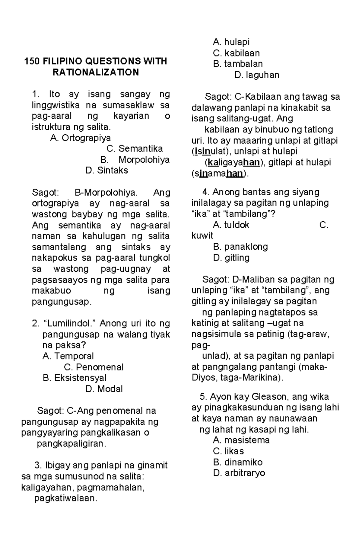 150 FILIPINO QUESTIONS WITH RATIONALIZATION: A Comprehensive Reviewer ...