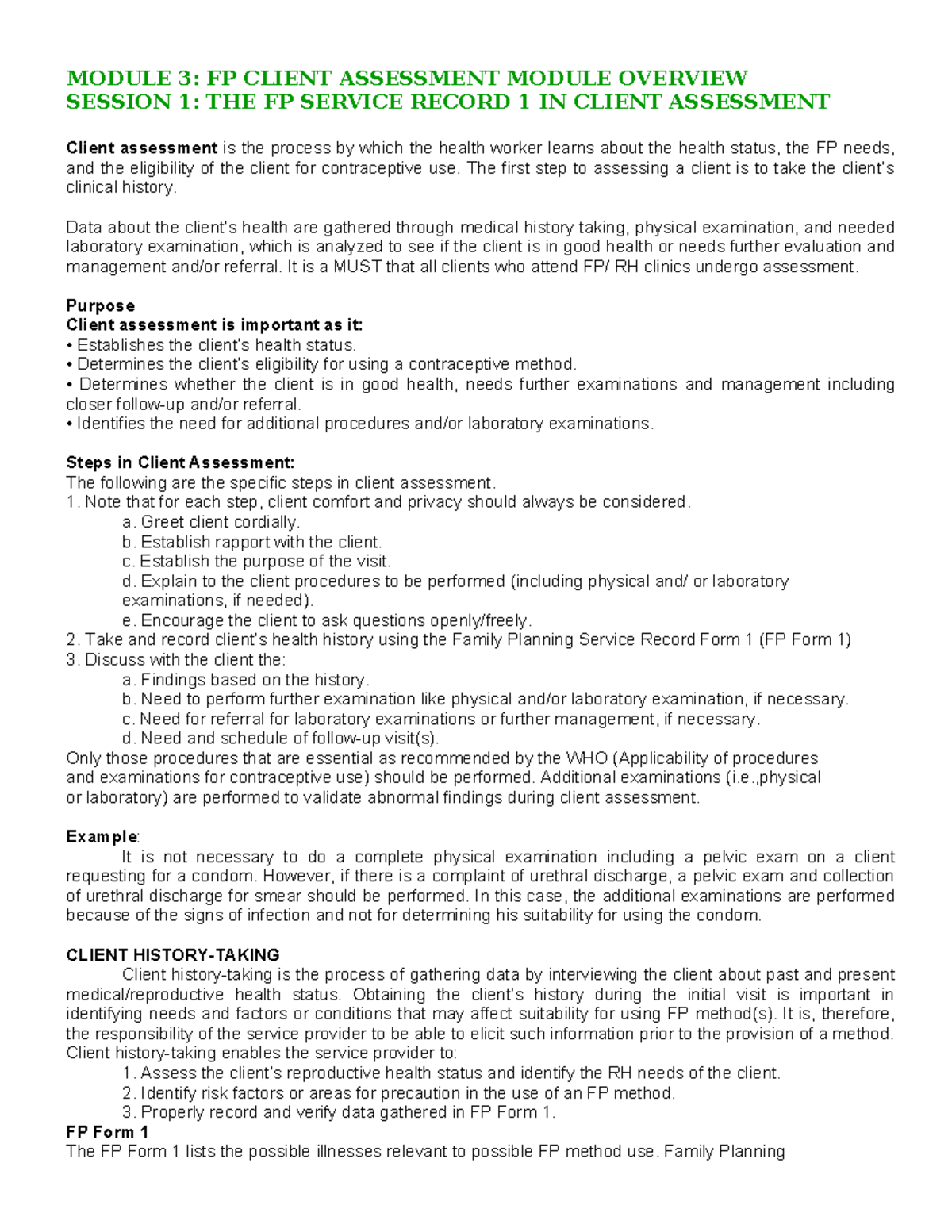 Family Planning Assessment Notes: Module 3 Overview (FP Client ...