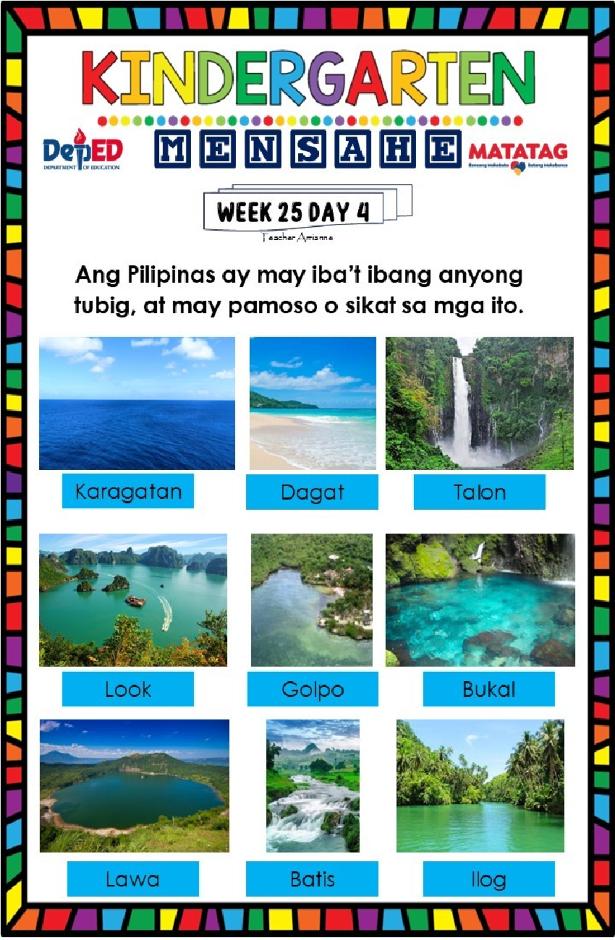 KINDERGARTEN Visual Q3 W5 2025: Anyong Tubig at Pamoso Nito - Studocu