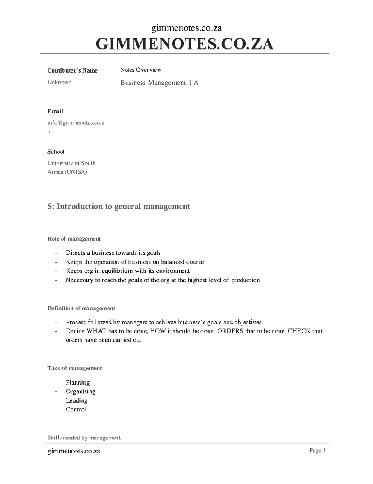 MNB1501-Notes - Lecture Notes on Management Concepts (1-10) - Studocu
