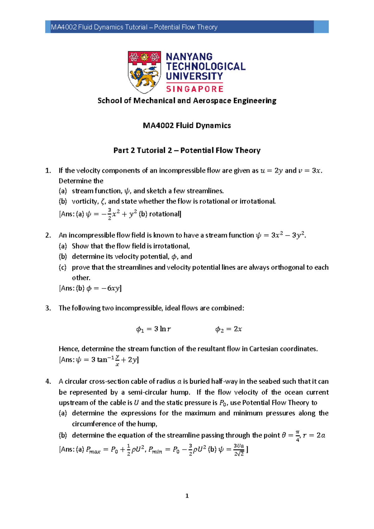 MA4002 Final Exam Tutorial 2 - Potential Flow Theory Solutions - Studocu