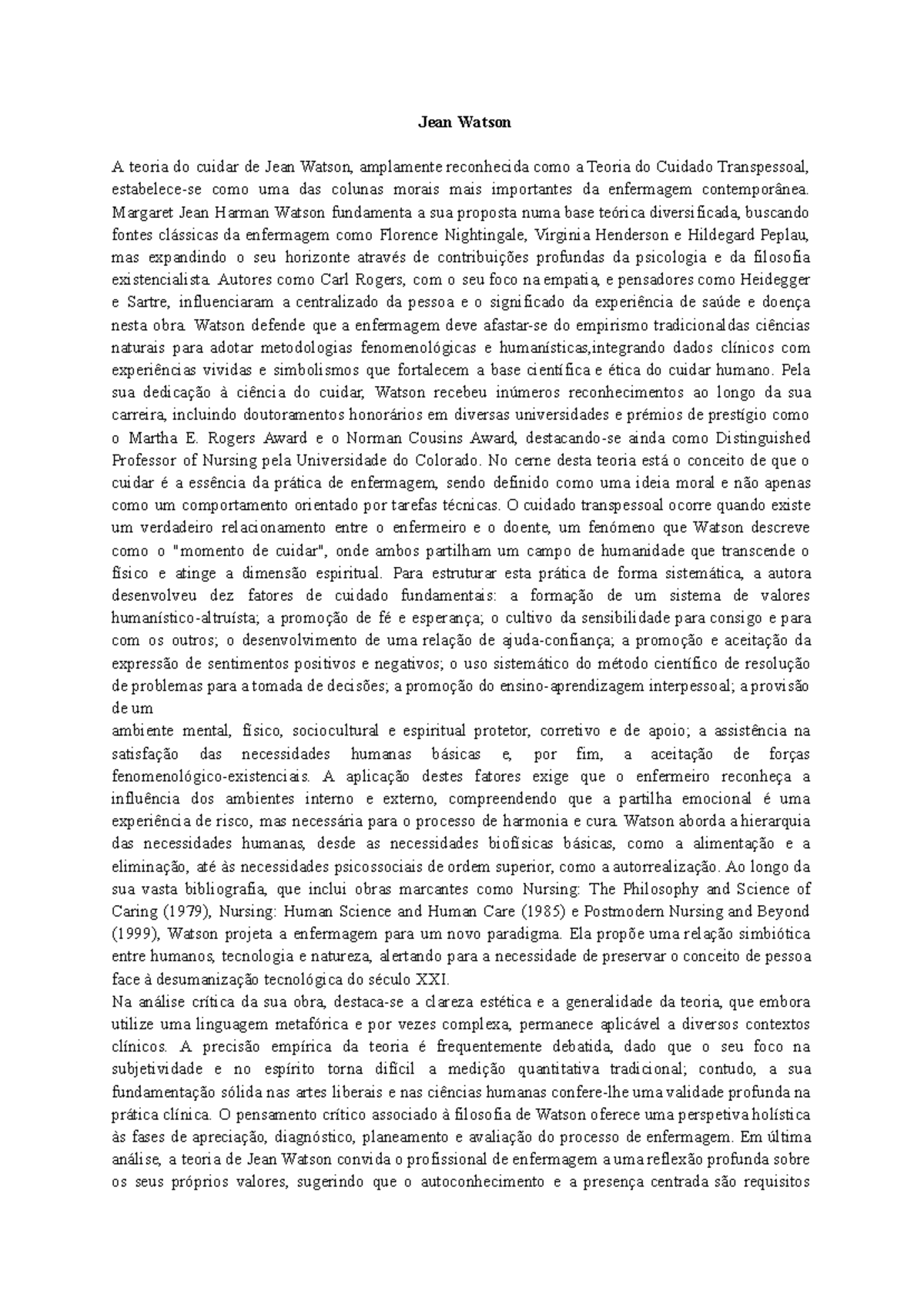 Resumos de Teorias de Enfermagem: Watson, Peplau e Orem - Studocu