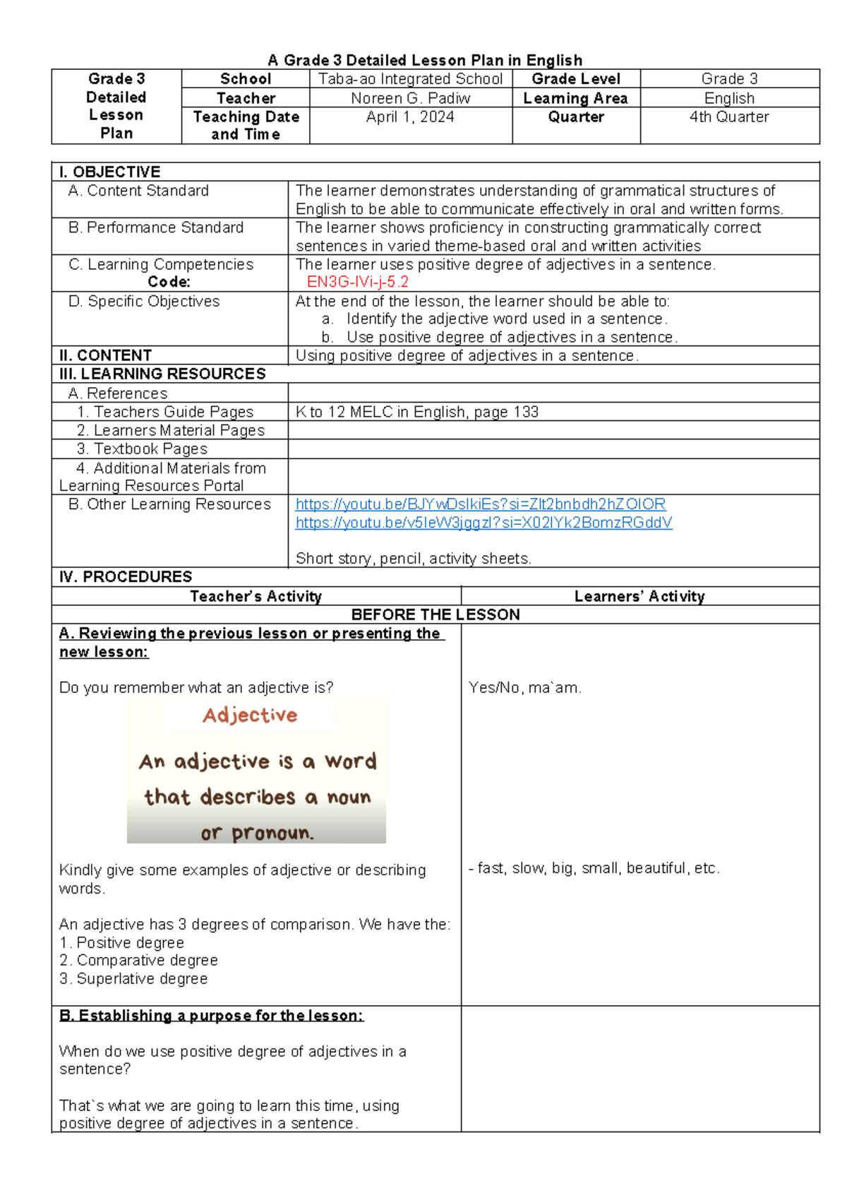 English 3 - Detailed Lesson Plan on Positive Degree of Adjectives - Studocu